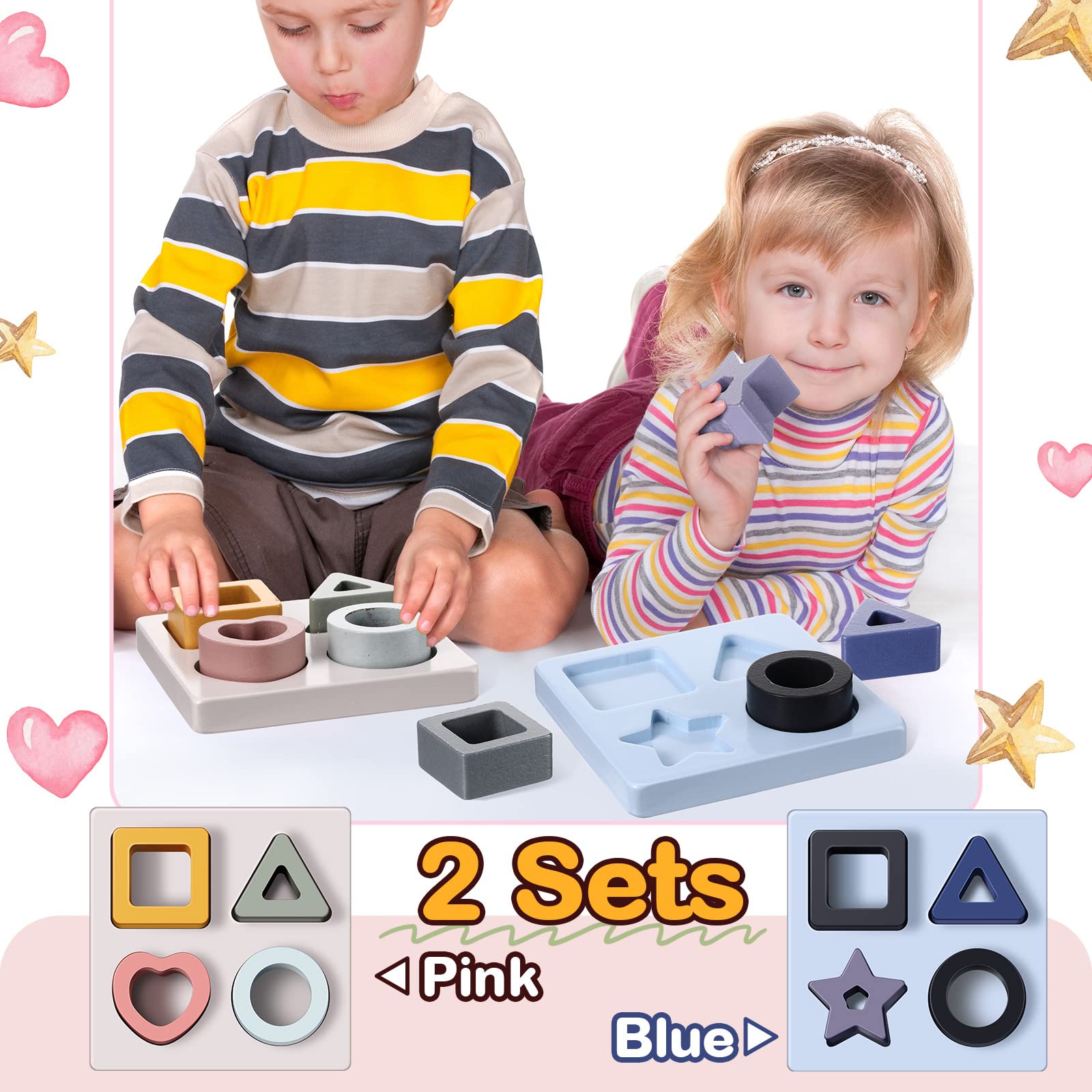 Zomiboo 2 Pack Wooden Stacking Building Blocks Shape Sorter Puzzle Sensory Cognitive Development Toys Sorting and Stacking Toys for Early Education Learning