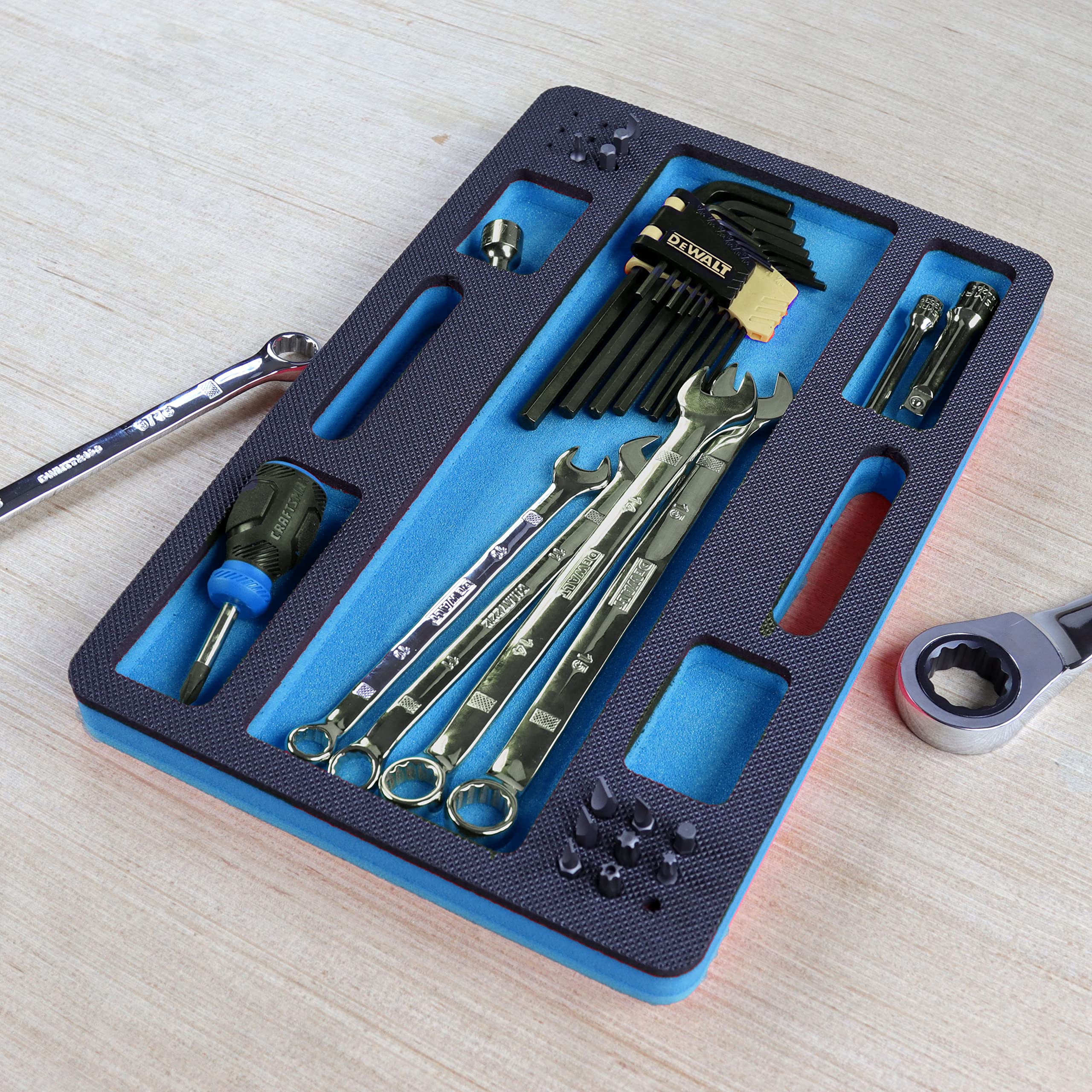 Polar Whale Tool Work Tray Organizer Blue and Black Durable Foam Non-Slip Anti-Rattle Bin Holder Drawer Insert with Handles 5 Pockets with Bit Holes Portable Home Work Garage 14 x 9 Inches