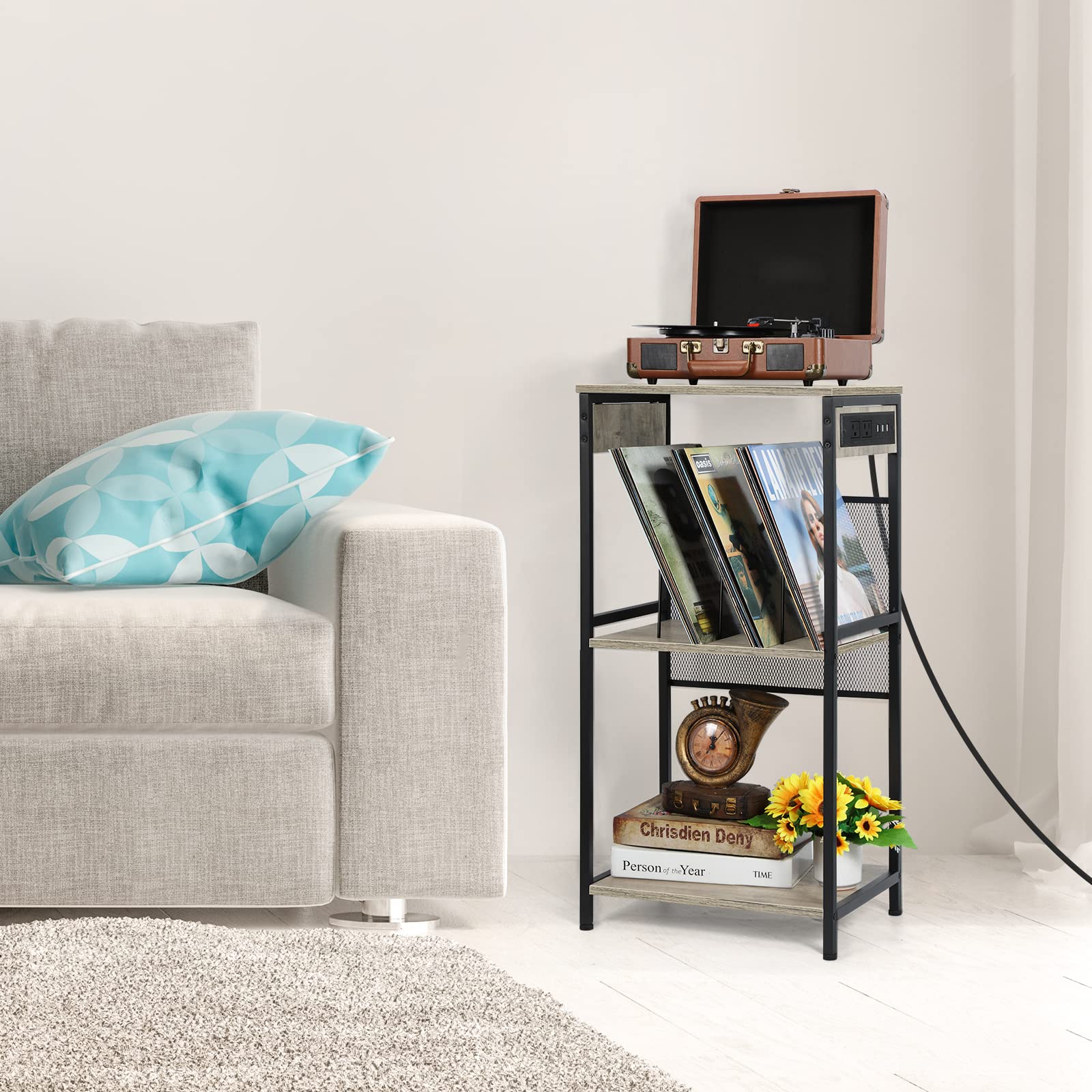 Record Player Stand Turntable Stand with Record Storage Vinyl Player Stand with Charging Station Grey Nightstands with USB Modern End Table for Living Room Bedroom Office