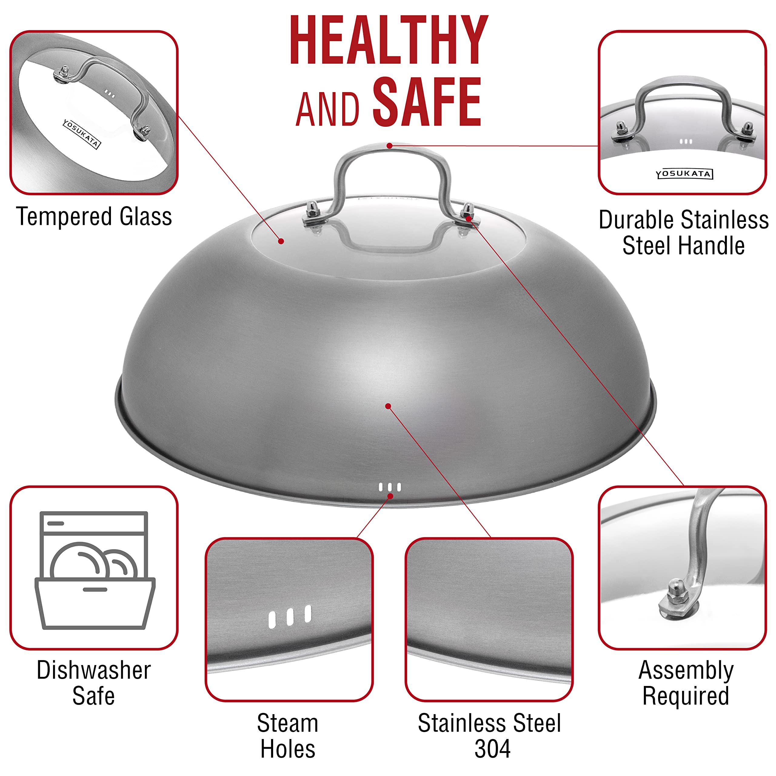 YOSUKATA Blue Round Bottom Wok Pan 14" Wok Lid 13.6 Inch - Premium Stainless Wok Cover with Tempered Glass Insert Steam Holes