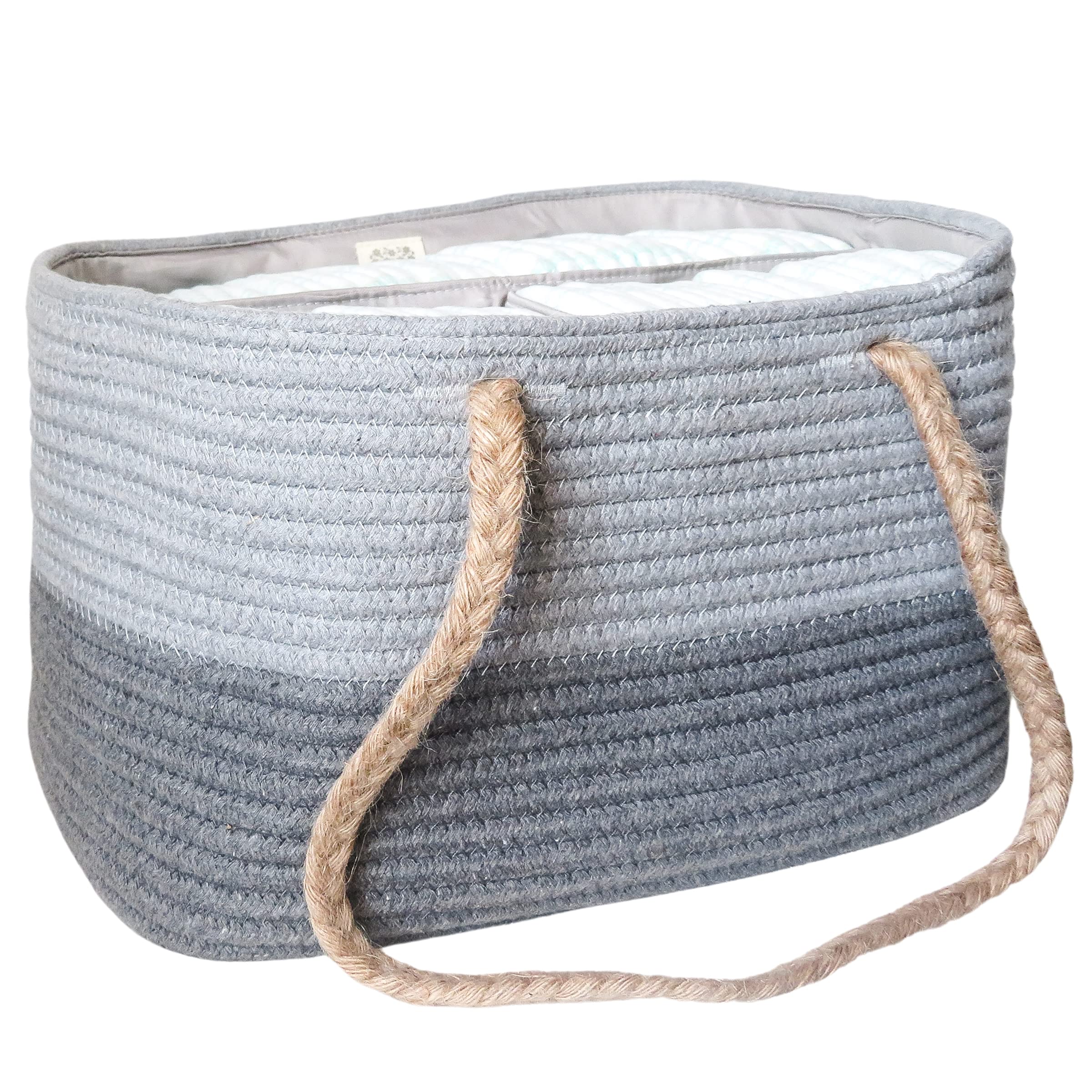 Rectangular Lined Cotton Rope Basket in Grey with Long Rope Handles and Compartments – Storage organizer for Baby Nursery, Diaper Caddy Organizer – Versatile Decorative Tote Caddy Basket by BoodaBooda