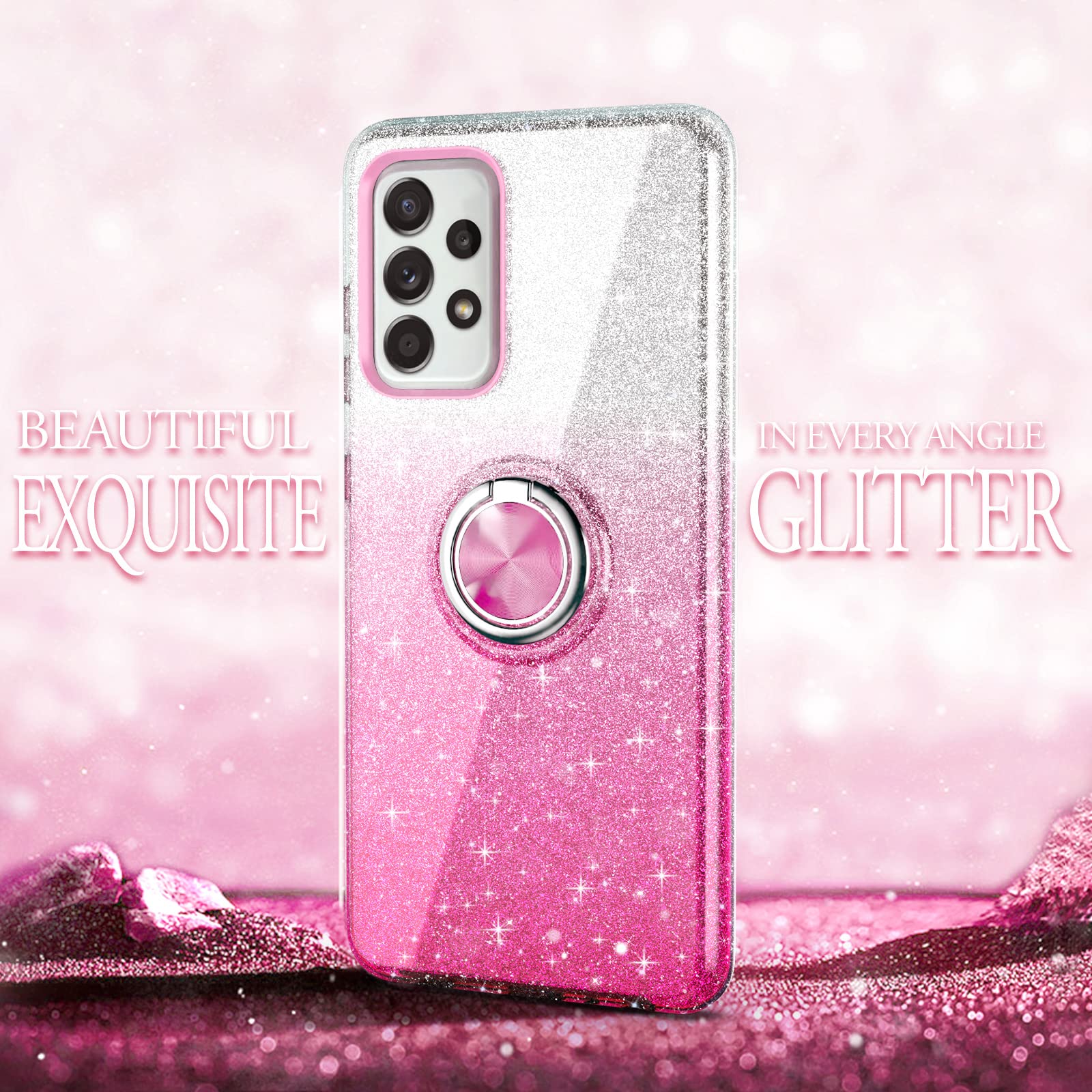 PeeTep Galaxy A52 5G Case for Girls Women, Slim Fit Glitter Sparkly Case with 360°Ring Holder Kickstand Magnetic Car Mount Shock-Absorbent Protective Sturdy Cover,Pink