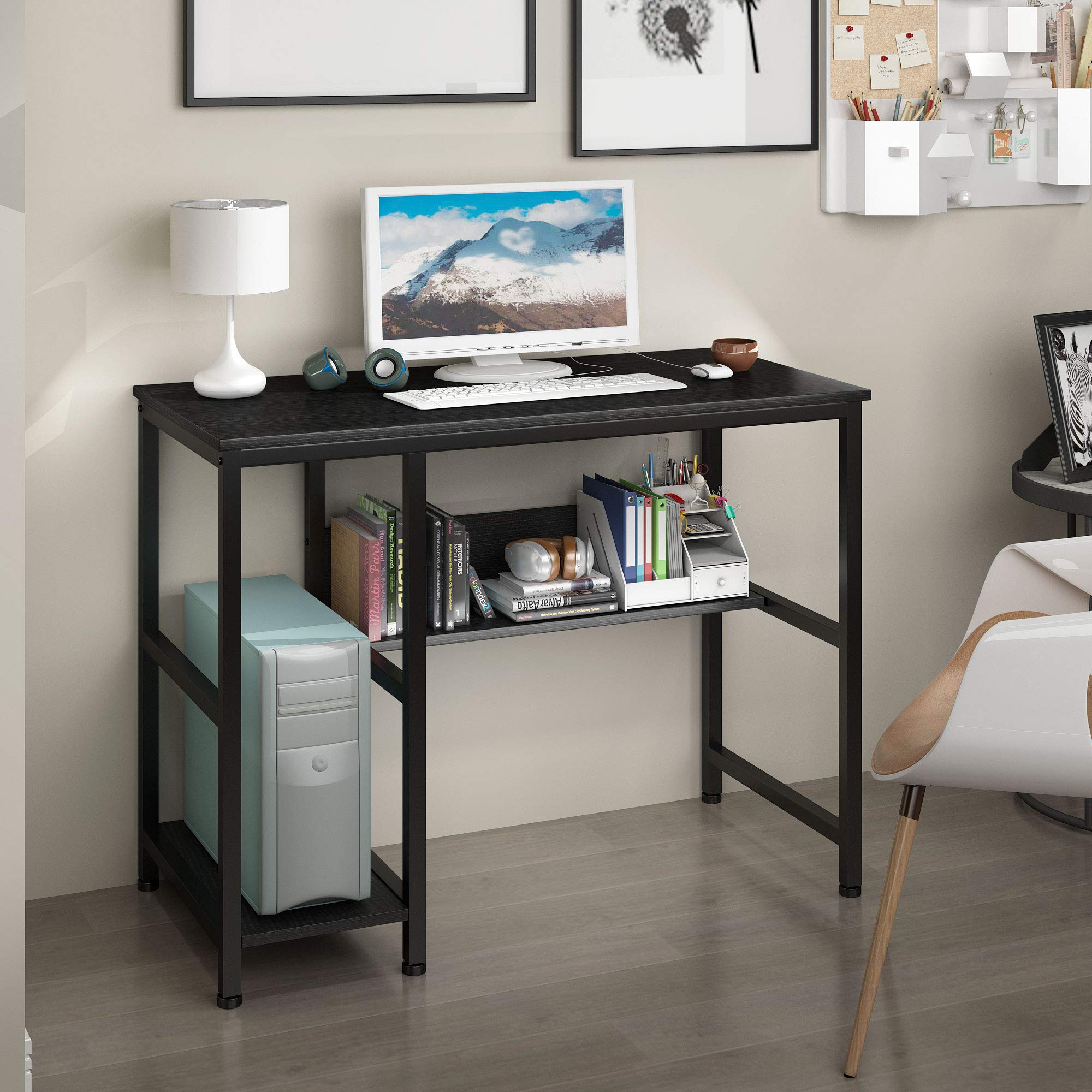 Ruitta Writing Computer Desk with Shelves, Sturdy Home Office Desk, Writing Desk Study Desk for Small Spaces, Easy Assemble, Stable Metal Frame (39", Black)