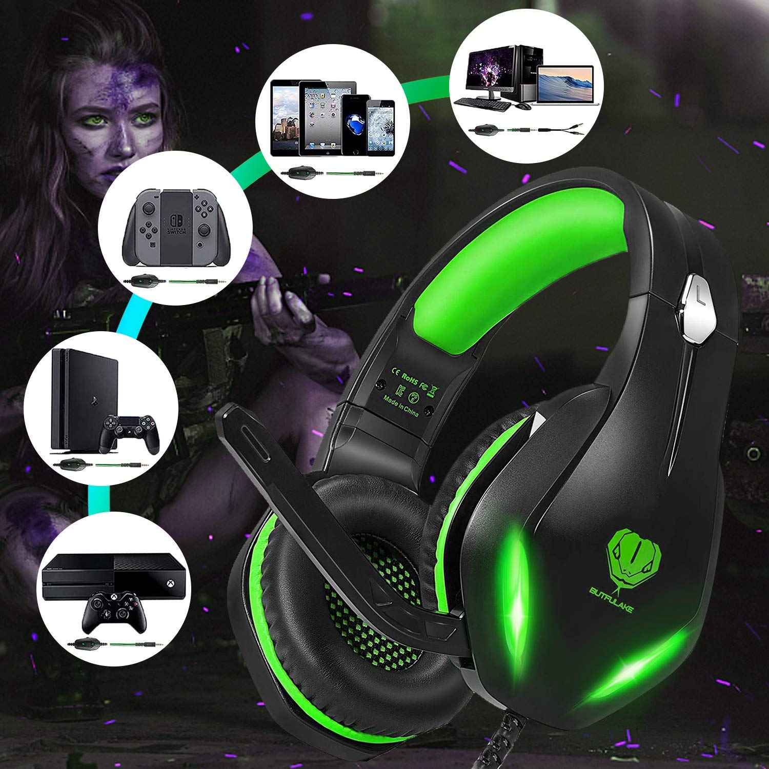 Vimbo Gaming Headset with Microphone for PS5 PS4,Xbox One,Laptops,PC,Phones, Stereo Over Ear Gaming Headphones with Noise-Canceling Microphone and LED Light
