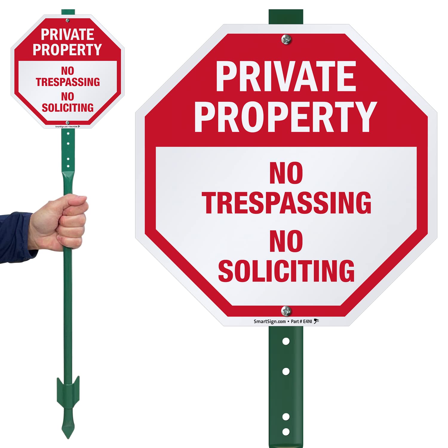 SmartSign 'Private Property - No Trespassing No Soliciting' Yard Sign (3 Ft Stake, 10 x 10 In, Red and White) 40 mil Laminated Rustproof Aluminum, Set of 1, Made in USA