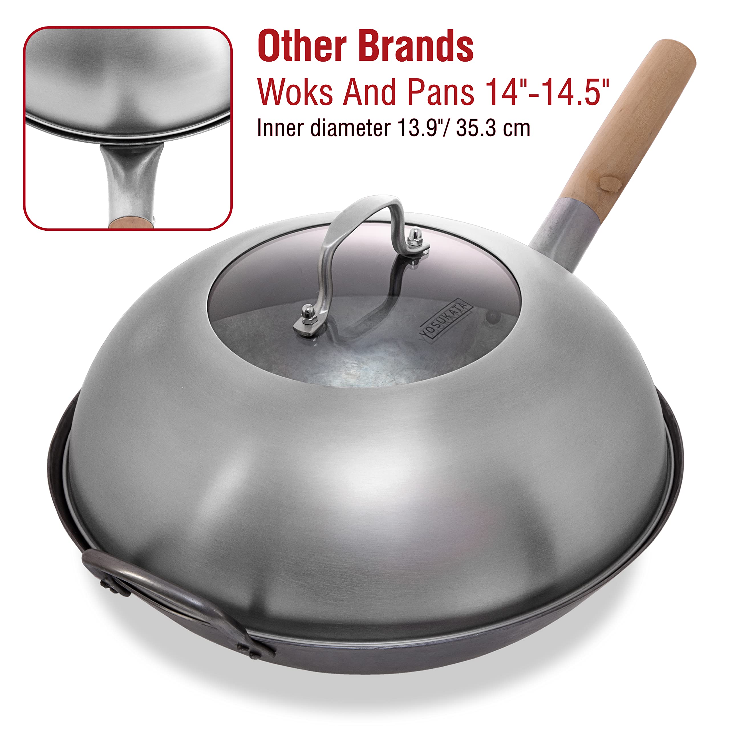 YOSUKATA Wok Lid 13.6 Inch - Premium Stainless Wok Cover with Tempered Glass Insert Steam Holes - Dishwasher-Safe Lid for 14-Inch Wok - Chees Melting Dome for Griddle
