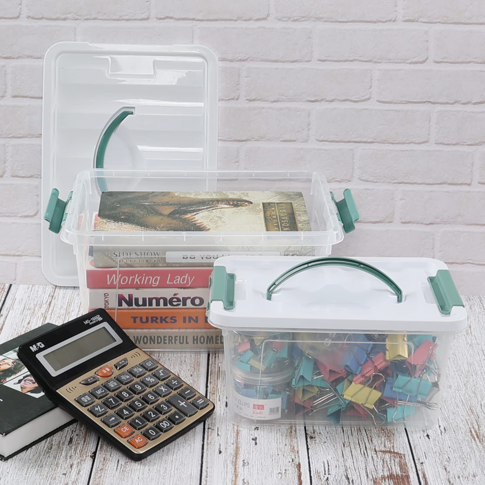 Wekioger Plastic Storage Bins with Handles, 2 Packs 14 Quart & 6 Quart Clear Lidded Storage Boxes, F