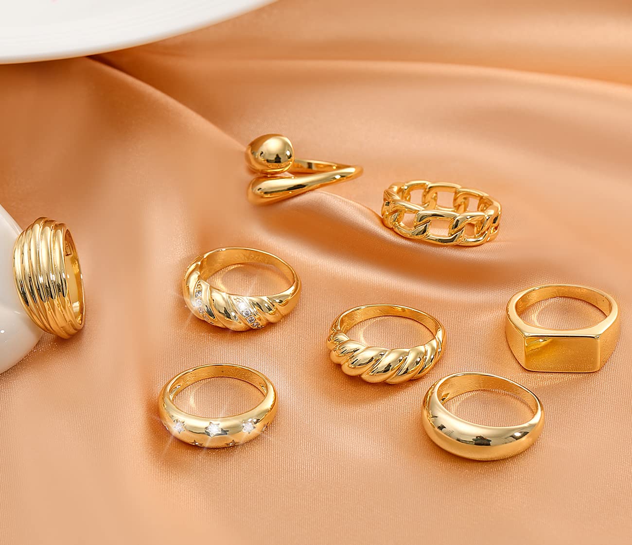 ZNBOH 8PCS Thick Dome Chunky Rings for Women 18K Gold Plated Braided Twisted Signet Ring Chunky Gold Ring Set Minimalist Statement Ring Jewelry Size 6-9