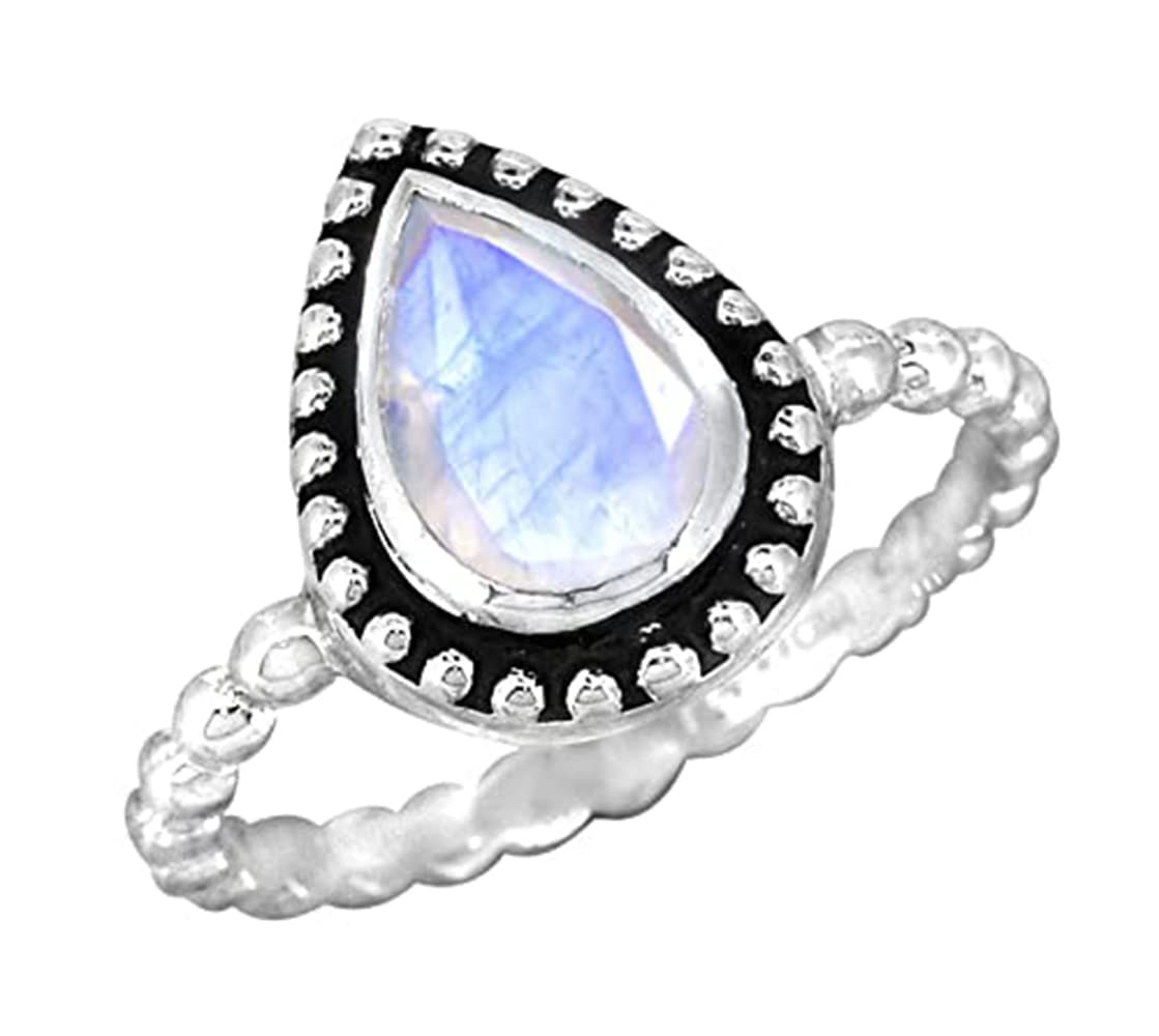 YoTreasure 6x9 MM Pear Natural Moonstone Solitaire Ring .925 Sterling Silver Jewelry
