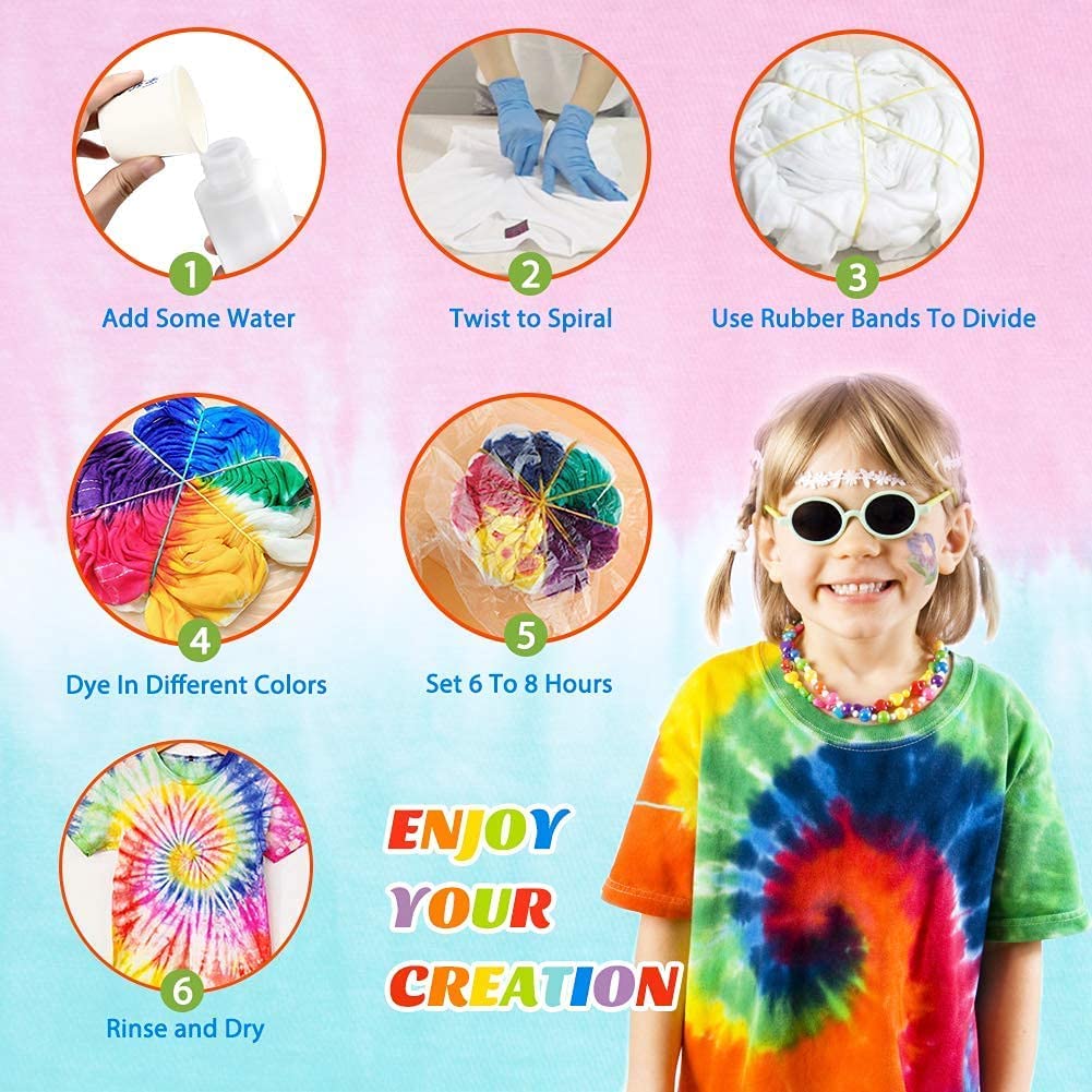 Tie Dye Kit, Emooqi 8 Colors 100Ml All-in-1 Tie Dye Set with 16 Bag Pigments, Rubber Bands, Gloves, Apron and Table Covers for Craft Arts Fabric Textile Party DIY Handmade Project