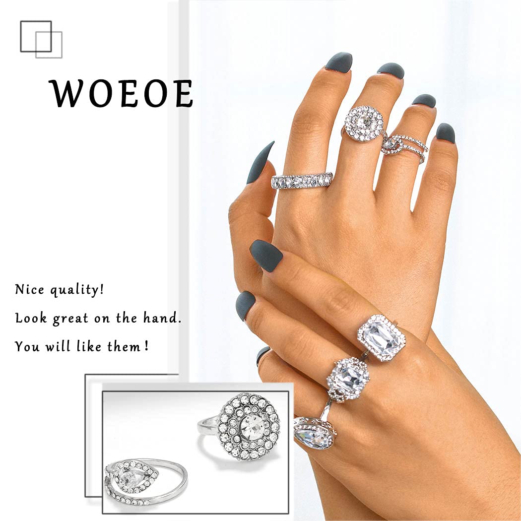 Woeoe Sparkle Rhinestones Knuckle Rings Silver Crystals Stackable Rings Set Multi Size Gemstones Finger Rings Set for Women and Girls（6Pcs)