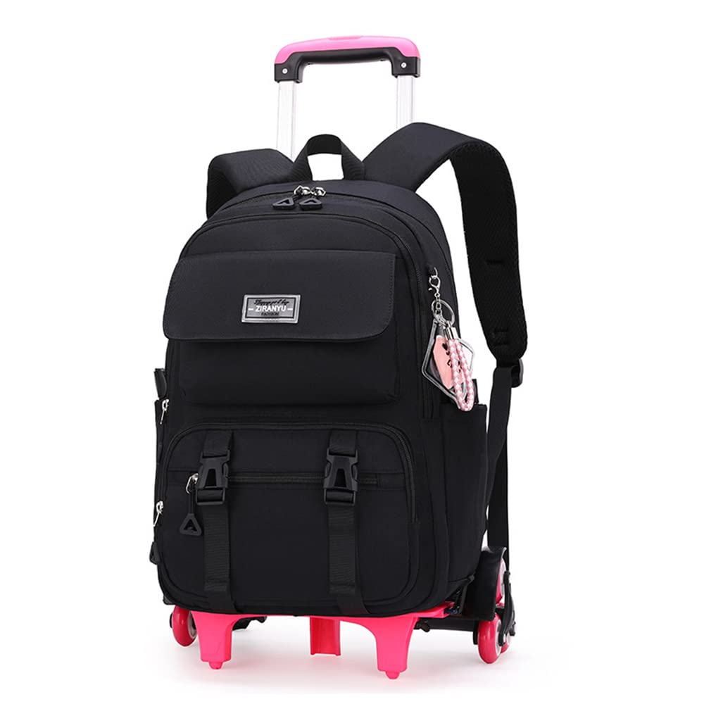 Rolling Backpack for Girls Solid Color Kids Trolley Bookbags with Wheels Elementary School Students Schoolbag Large