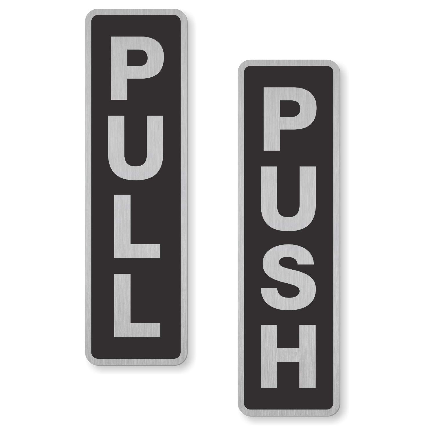SmartSign Pack of 2 Push and Pull Door Signs, 2" x 7", 20 mil Thick Anodized Aluminum Material, Strong Adhesive Backing, Waterproof, Sealed Legend, Black and Silver, USA Made