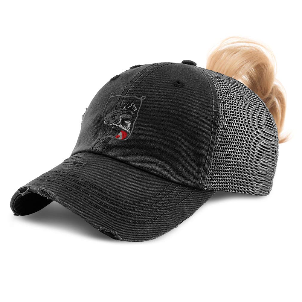 Speedy Pros Womens Ponytail Cap Sport Fishing Catfish Embroidery Cotton Messy Bun Distressed Trucker Hats Strap Closure Black Design Only