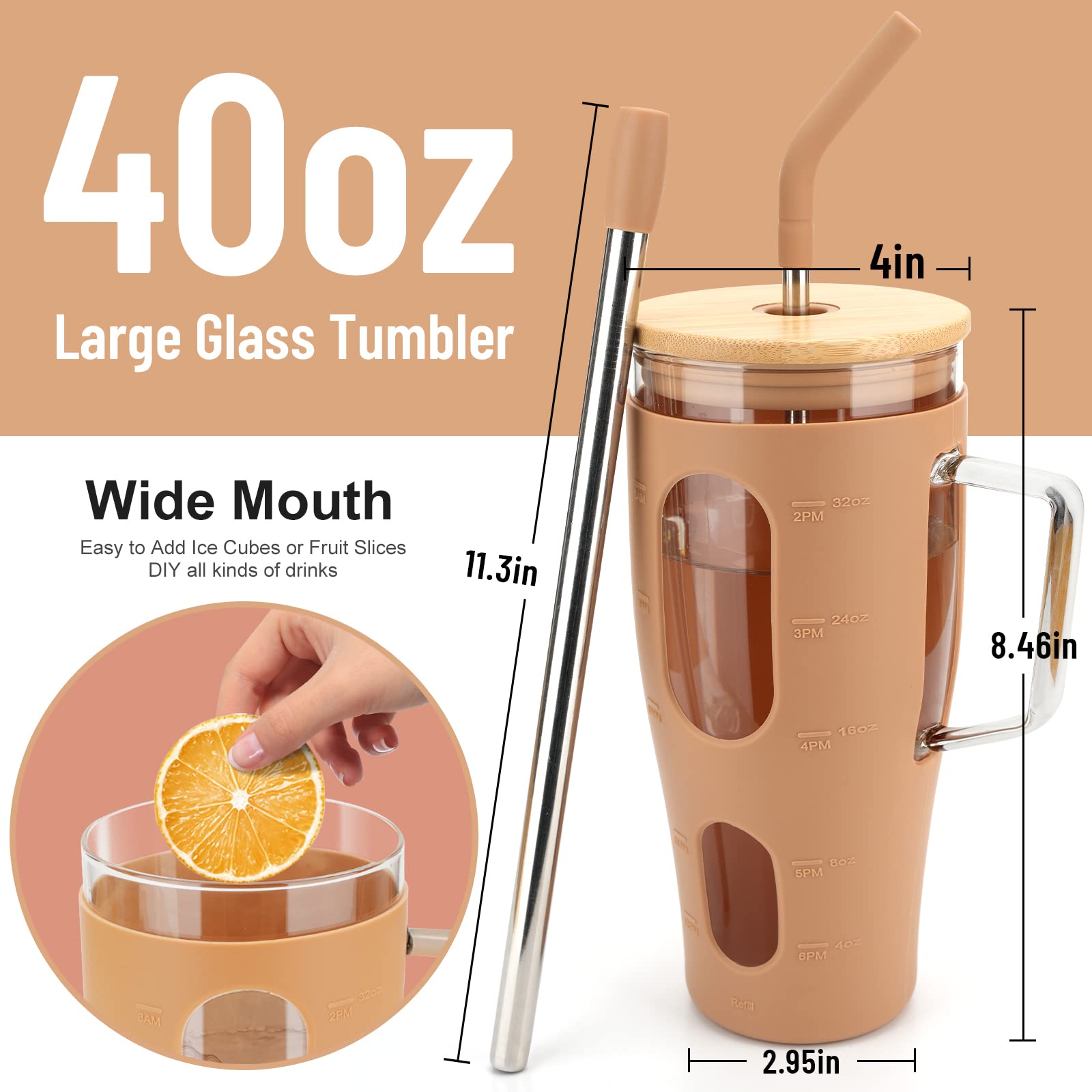 Zukro 40 oz Glass Tumbler with Handle and Wide Straw, Drinking Cup With Bamboo Lid For Water, Iced Coffee, Time Marker to Dink, Large Smoothie Cup with Silicone Sleeve, BPA Free, Fit Cupholder, Khaki