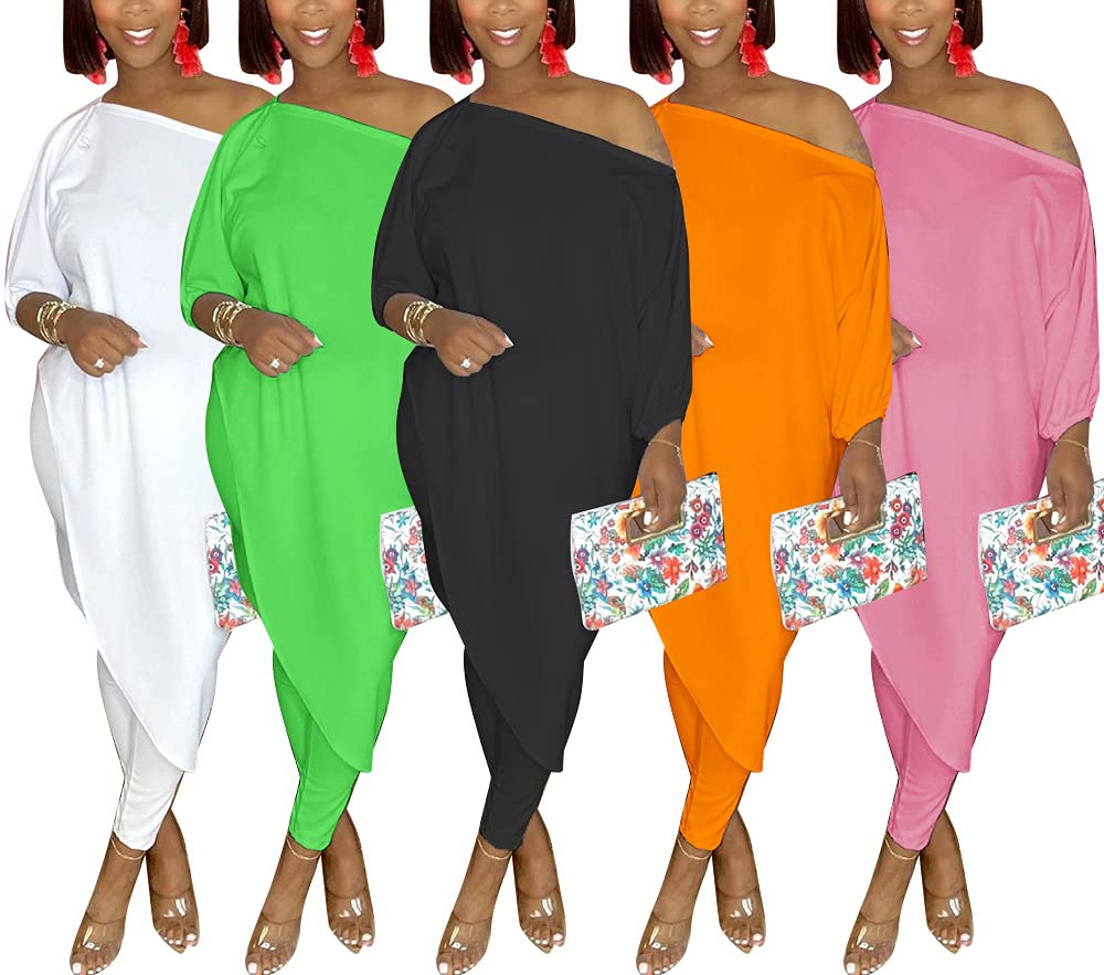 WOKANSE Women's Casual Off One Shoulder 2 Piece Jogger Sweatsuit Tracksuit Sets Loose Irregular Pullover Tops Long Pants White 2XL