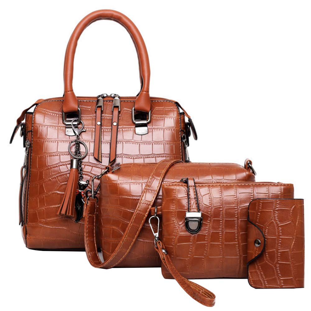 Women Handbag and Purse 4pcs Wax PU Tote Set Shoulder Top Handle Bag Satchel Clutch Card Holder wtih Tassel Brown