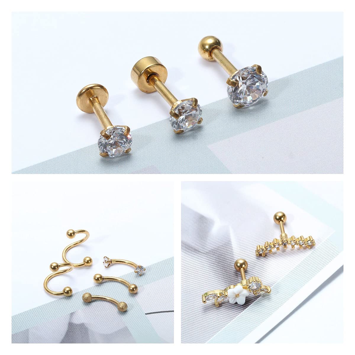 Ubjuliwa 27Pcs 16G Cartilage Earrings Stud Hoop for Women Stainless Steel Forward Helix Piercing Tragus Earrings Conch Piercing Jewelry Gold Tone