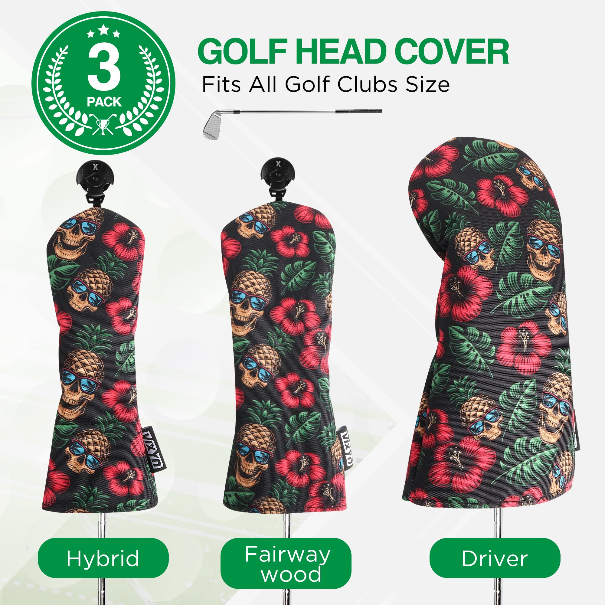 VIXYN Golf Head Covers - 3 Pack Golf Club Covers for Driver, Woods and Hybrid - Driver Headcover to Fit All Golf Clubs (Pineapple Skull)