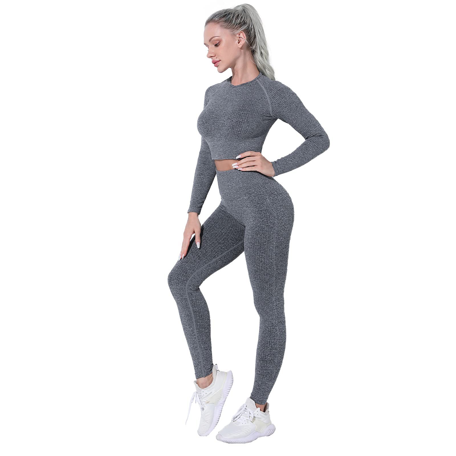 Workout Sets for Women 2 Piece Long Sleeve Seamless Crop Tops Gym Clothes Outfit