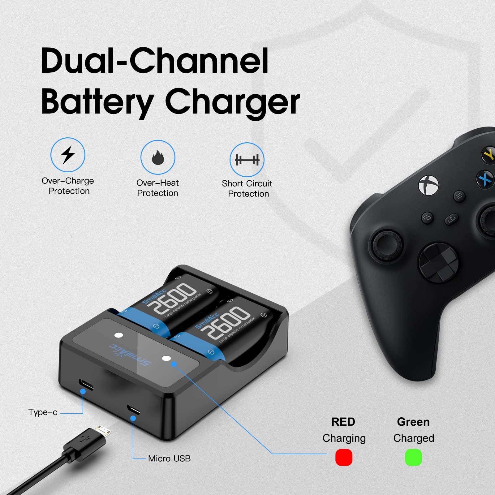 Smatree SmaAcc Rechargeable Battery (2 Pack) for Series X/S/One/One S/One X/One Elite Wireless Controller