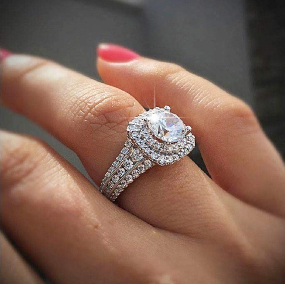 Wenbin New Princess Square Simulation Diamond Ring Double-Layer Super-Flash Zircon Ring Cubic Zirconia Promise Halo Engagement Wedding Band Ring for Women Size 6-10" (US 8)