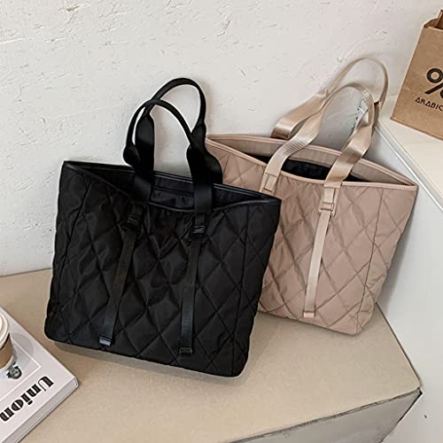 Women Large Capacity Nylon Tote Bag Quilted Solid Color Work Shoulder Handbag Khaki