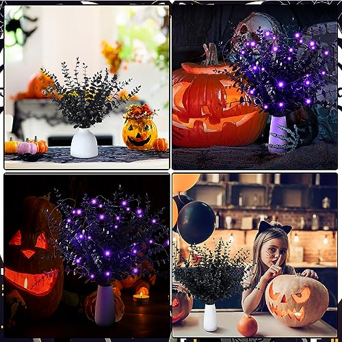 Tigeen 100 Pcs Halloween Black Eucalyptus Stems with Light Strings 15'' Artificial Eucalyptus Leaves Decor Artificial Greenery for Decoration Halloween Flowers Eucalyptus Branches Fake Eucalyptus Stem
