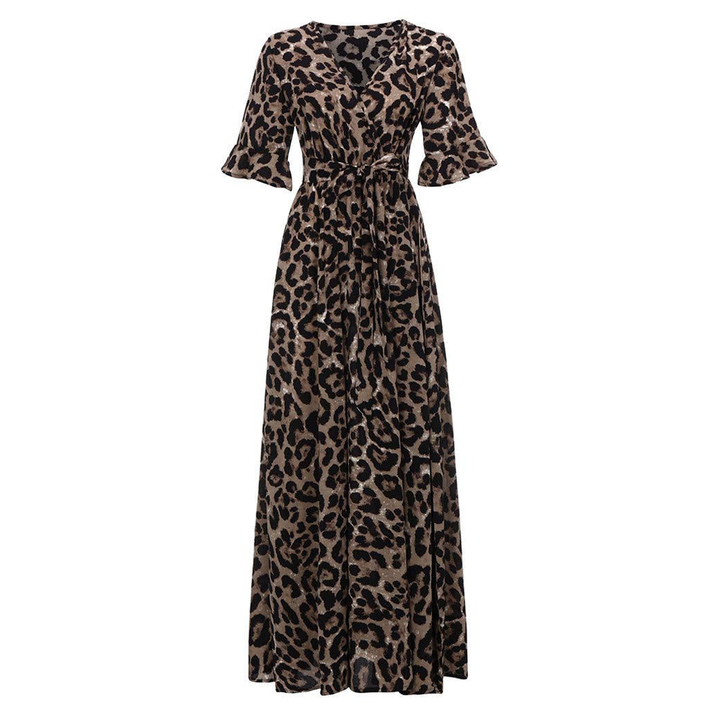 Women Leopard Maxi Dress Plus Size Wrap Deep V Neck Long Dress High Waisted Belt Ruffle Swing Dress