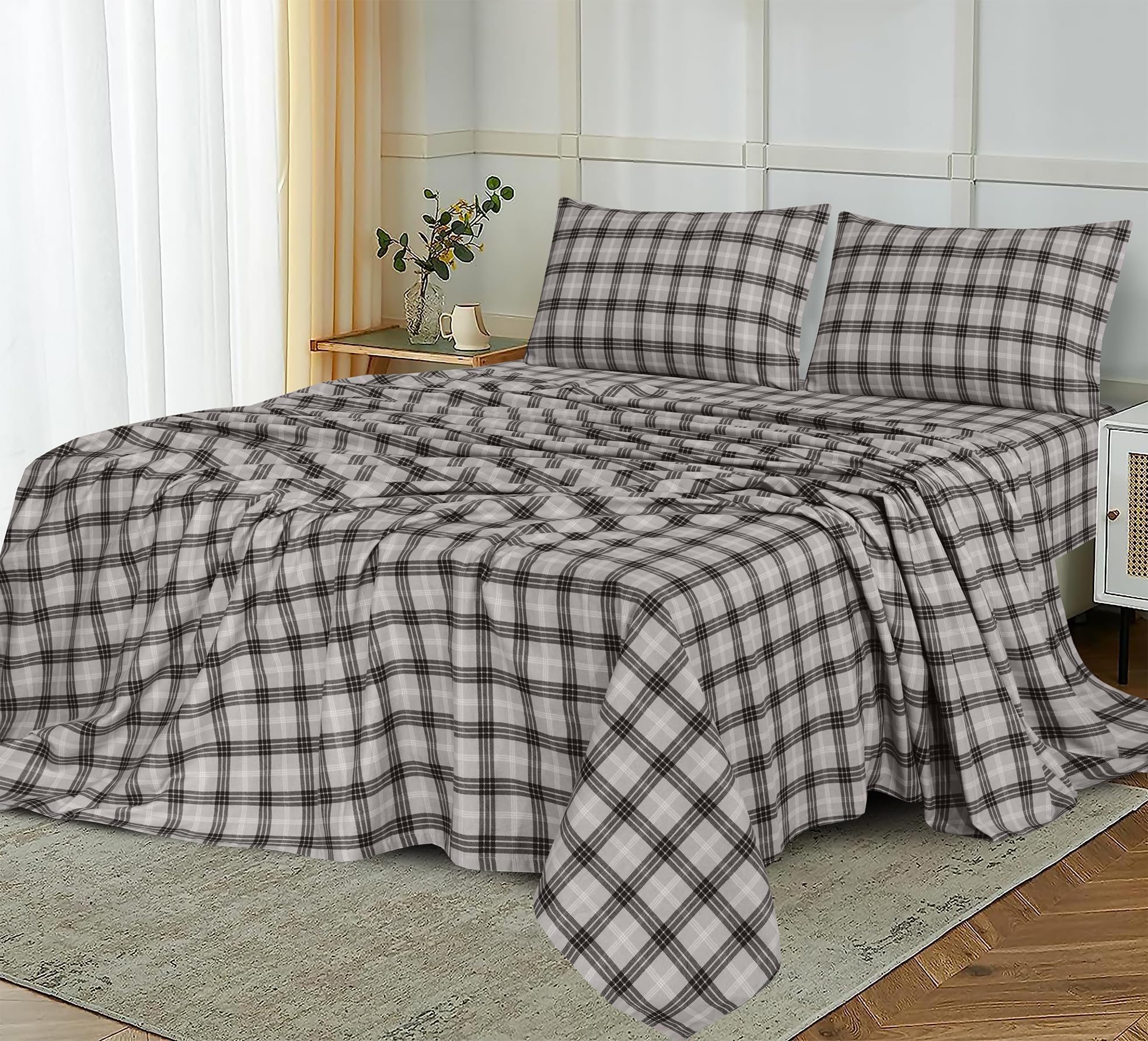 RUVANTI Flannel Sheets Full Size - 100% Cotton Brushed Flannel Bed Sheet Sets - Deep Pockets 16 Inches (fits up to 18") - All Seasons Breathable & Super Soft - Warm & Cozy - 4 Pcs - Dark Grey Plaid