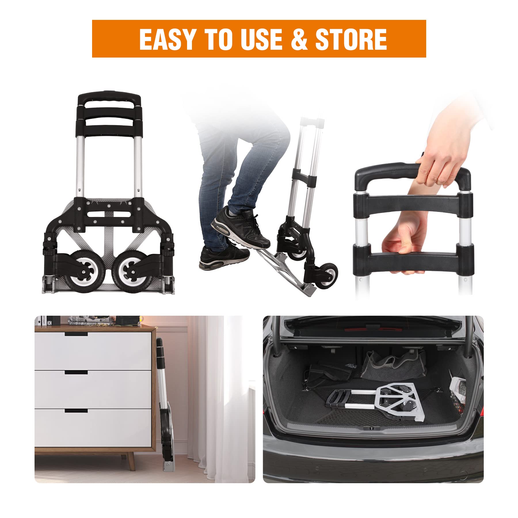 RedSwing Folding Hand Truck, 165lbs Capacity Lightweight Portable Hand Cart with Bungee Rope and 2 Rubber Wheels, Heavy Duty Foldable Hand Dolly for Home Shopping,Moving,Travel,Office ,Silver