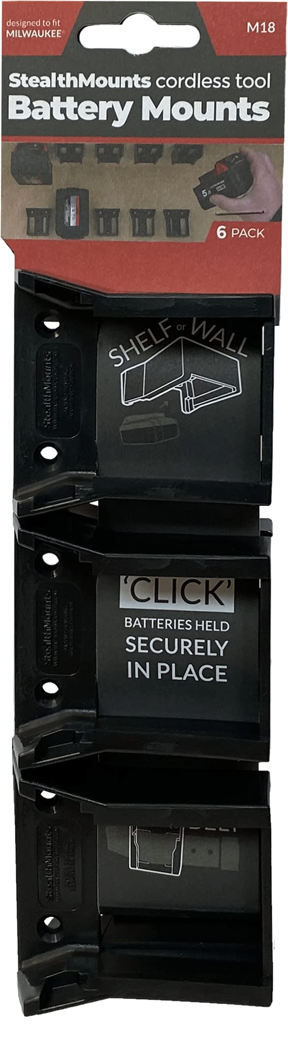 StealthMounts M18 Milwaukee Battery Holder - 6 Pack | Milwaukee M18 Battery Holder | 18V Milwaukee Battery Storage | Milwaukee Battery Mount | Milwaukee Organizer for M18 Batteries | Made in the UK