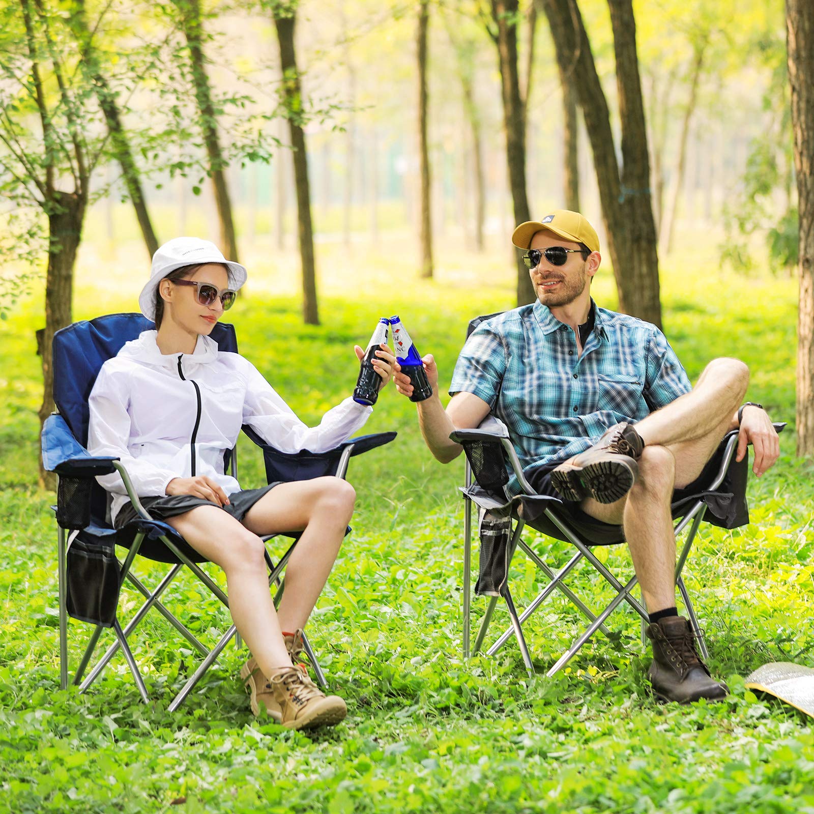 PELLIOT Portable Camping Chair Heavy Duty Lumbar Back Supports 300 lbs, Padded Hard Arm Folding Camp Beach Chair with Cup Holder