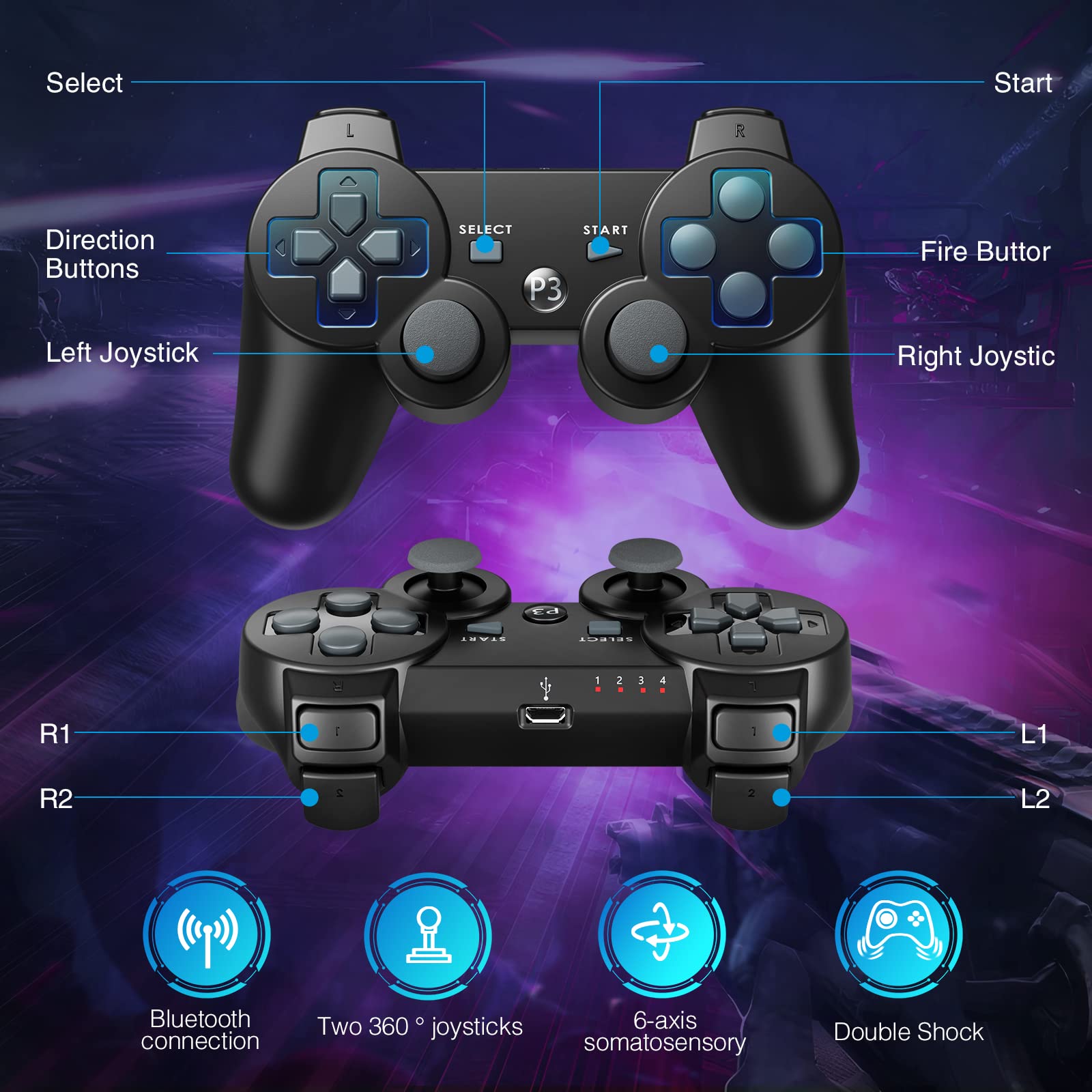 Powerextra Wireless Controller for PS3, 2 Pack High Performance Gaming Controller with Upgraded Joystick Double Shock for Play-Station 3 (Black and Blue)