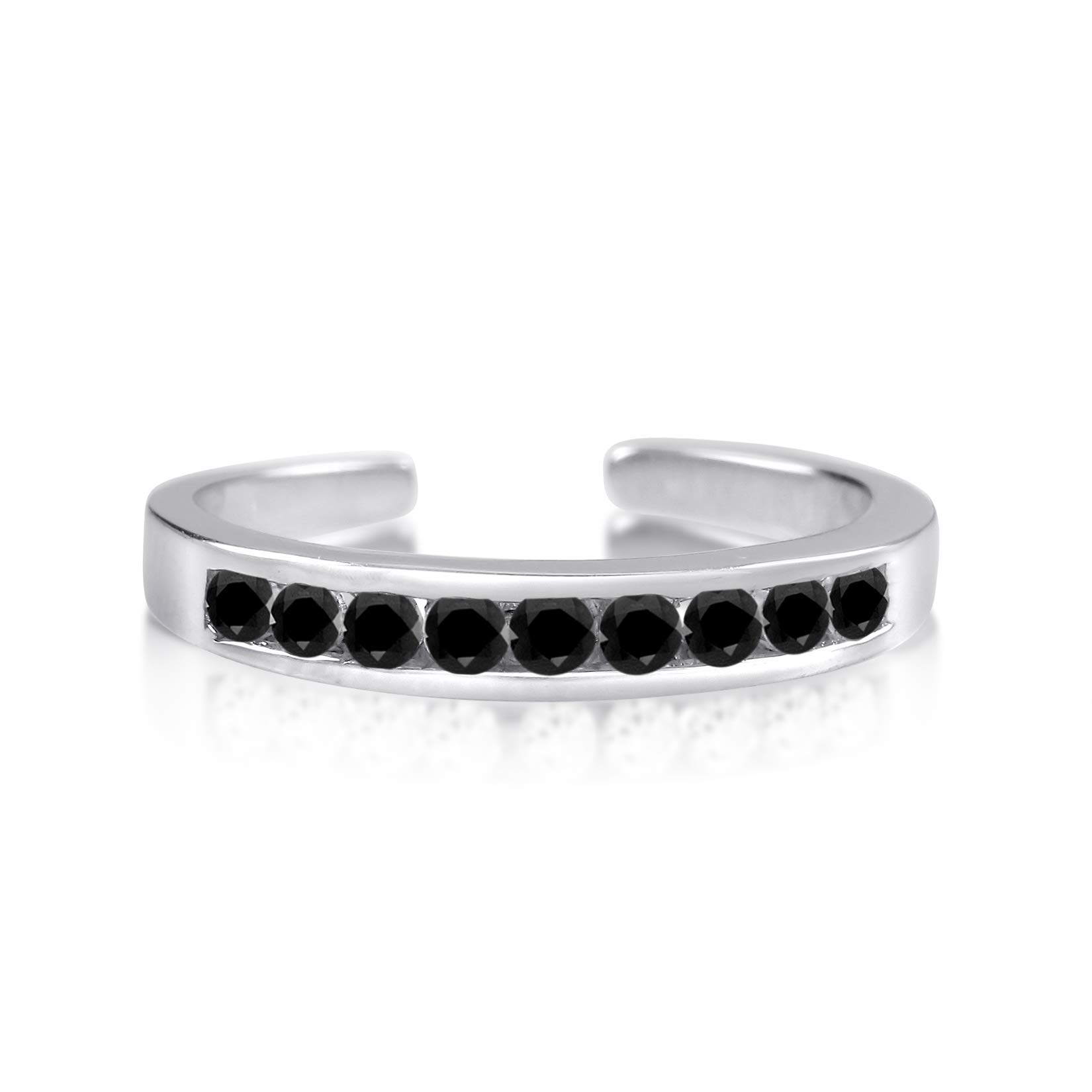 Rhodium Plated Sterling Silver Toe Rings Round Cut Cubic Zirconia Channel Set Black