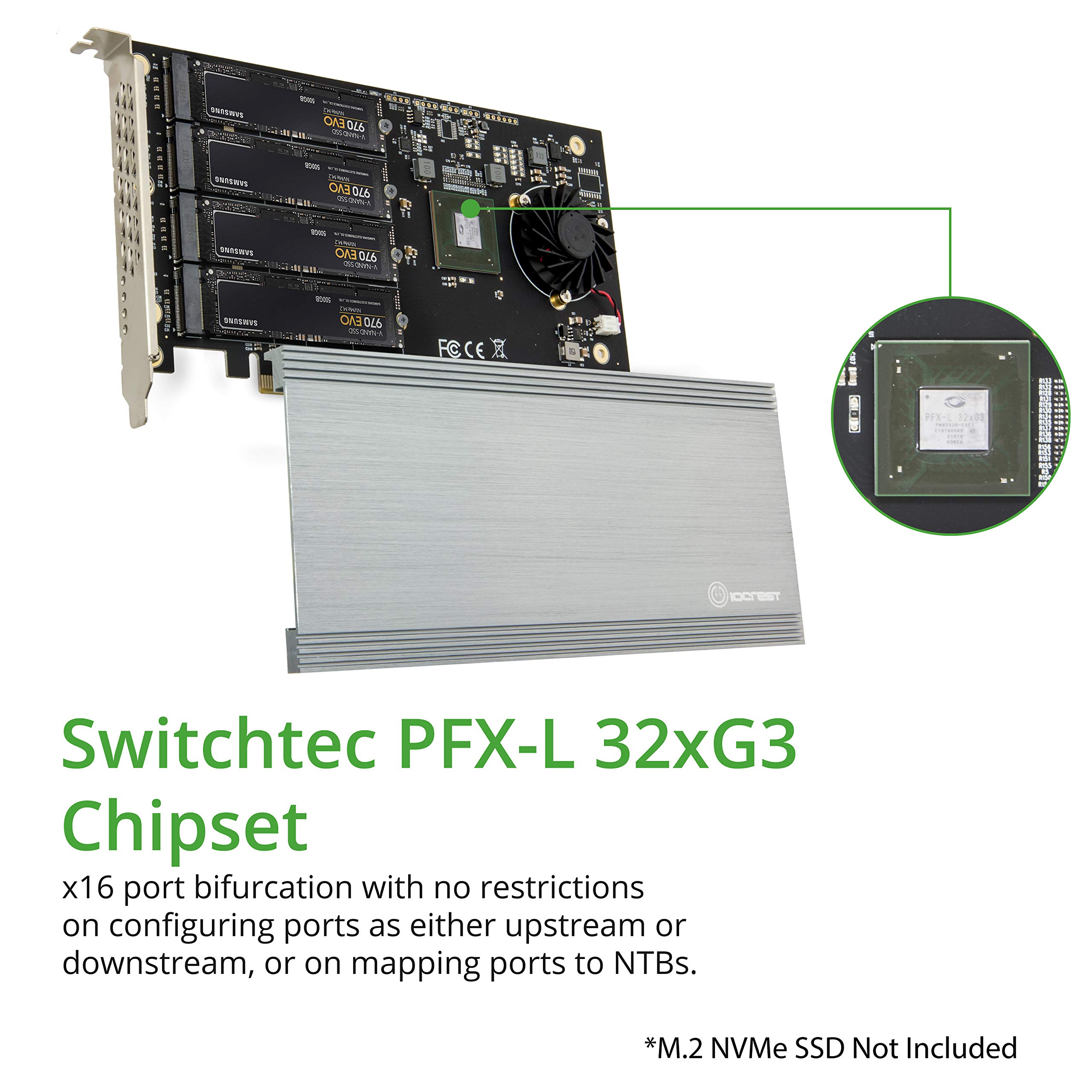 Quad M.2 NVMe Ports to PCIe 3.0 x16 Bifurcation Riser Controller - Support Non-Bifurcation Motherboard