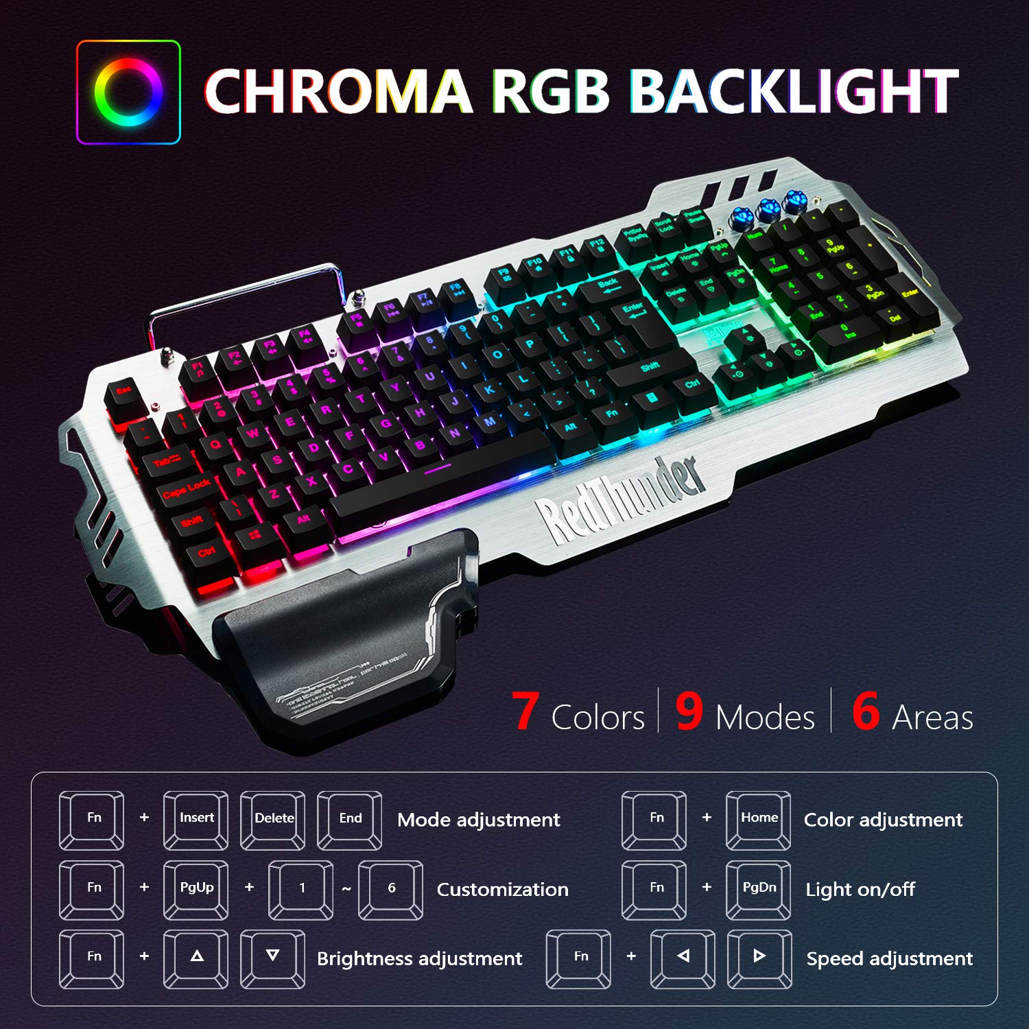 RedThunder K900 Gaming Keyboard, RGB Backlit Semi Mechanical Keyboard with Wrist Rest, Water-Resistant USB Wired Hybrid Ergonomic Keyboard, Teclado Gamer for Desktop Computer PC Mac PS4