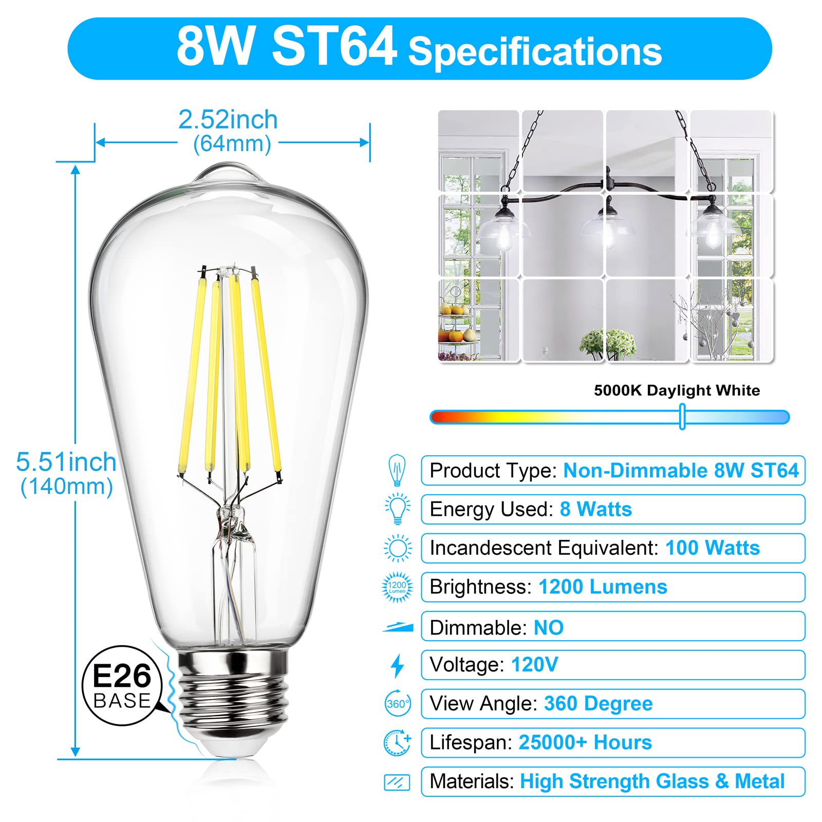 Vintage LED Edison Bulb 8W, 100W Equivalent, Daylight White 5000K, 1200 Lumens Brightness, ST64 Antique LED Filament Bulbs, E26 Base Lighting for Home Bedroom Office, Non-Dimmable, Pack of 12