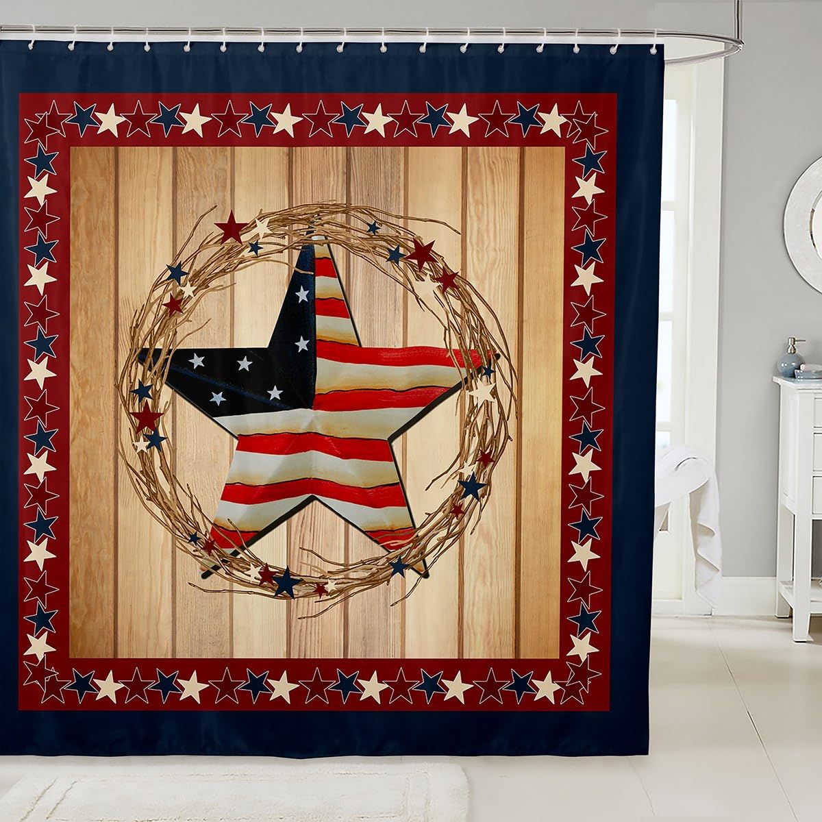 Retro Star American Flag Shower Curtains Red Navy Blue Plaid Vintage Decor Bath Curtains for Bathtub Wooden Stripes Rustic Farmhouse Bathroom Curtains with 12 Hooks 72" W x 84" L