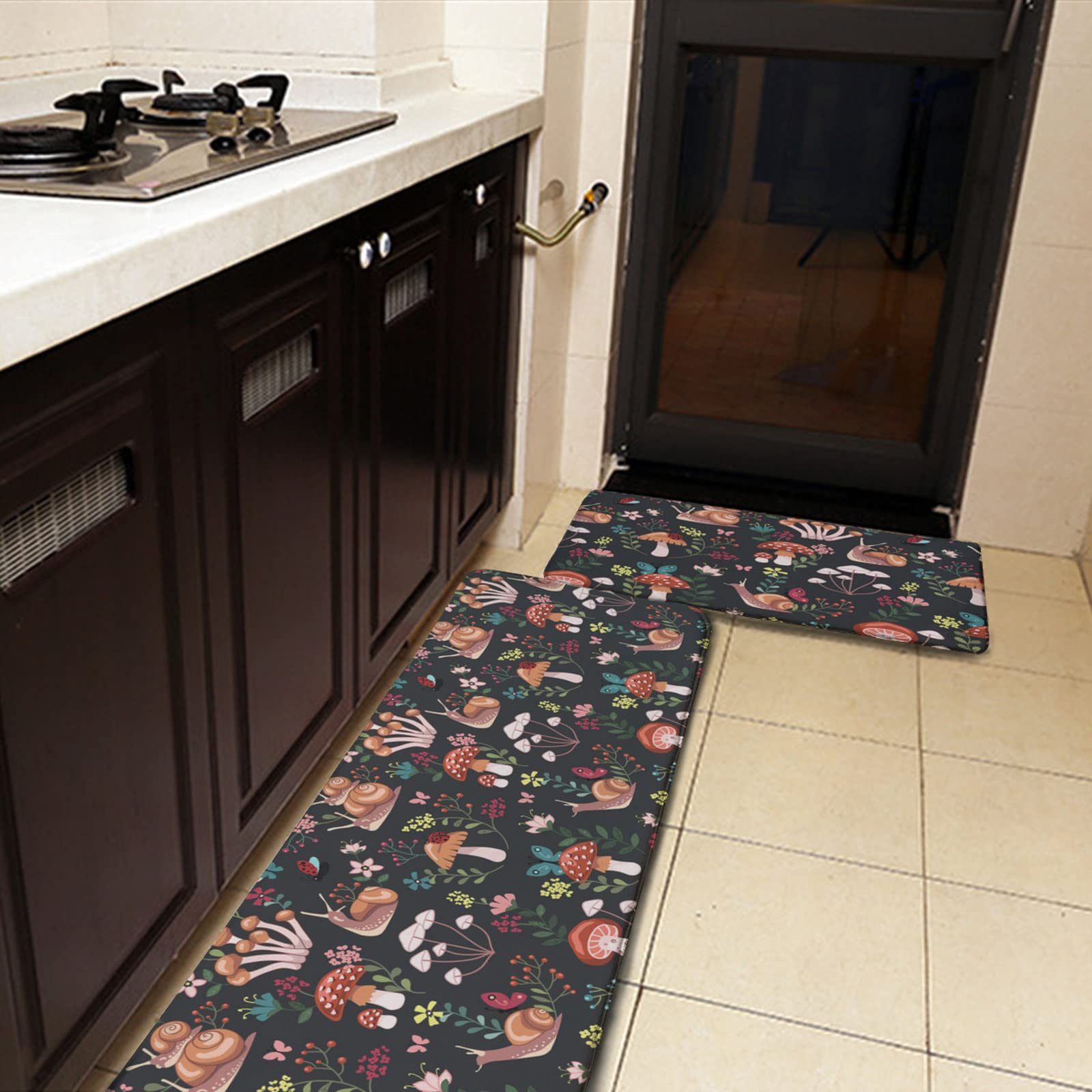 YouTary Mushroom Snails Butterfly Flower Pattern Kitchen Rug Set 2 PCS Floor Mats Washable Non-Slip Soft Flannel Runner Rug Doormat Carpet for Floor Home Bathroom, 17" x 47"+17" x 24"-M