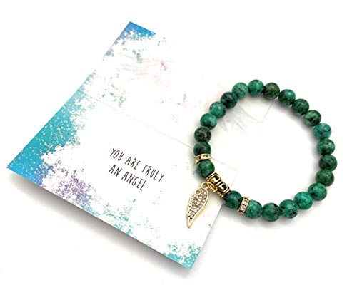 Smiling Wisdom - Angel Wing Appreciation Kindhearted Thank You Keepsake Greeting Card and Stretch Stone Bracelet - Green Rain Flower Stones - 7.5 inches Medium