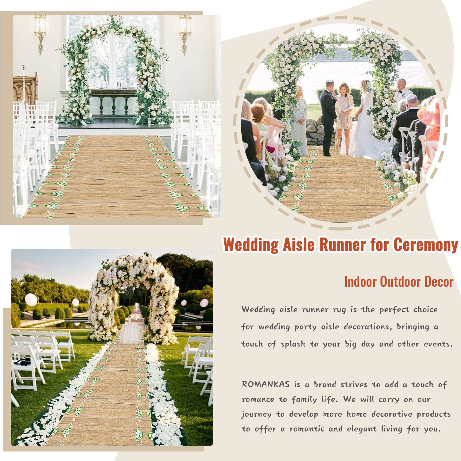 ROMANKAS Wedding Aisle Runner Brown 4x15 FT Polyester Aisle Runner for Wedding Ceremony Wood Grain Aisle Runners Decorations Floral Carpet Runner for Rustic Runway Rug for Bridal Shower Party Church