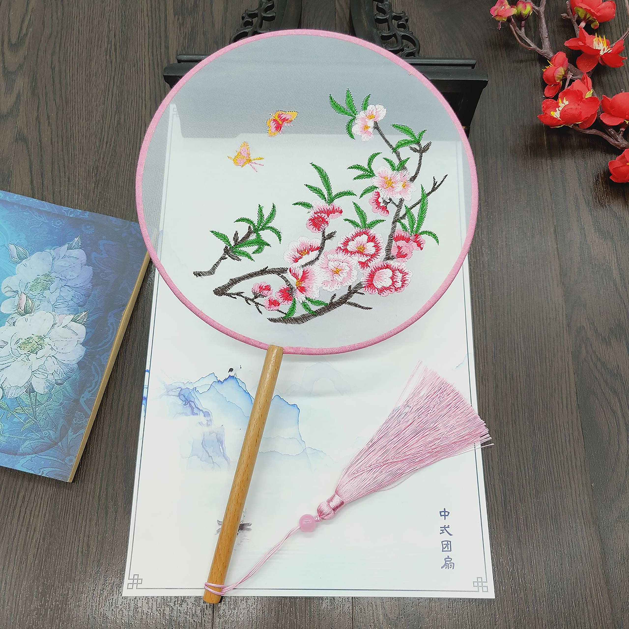 YUELAI Translucent Silk Embroidered Hand Held Fan, Chinese Round Fan, Ancient Hand Fan,Traditional Palace Paddle Dance Fan, Vintage Double-Sided Embroidery Fan
