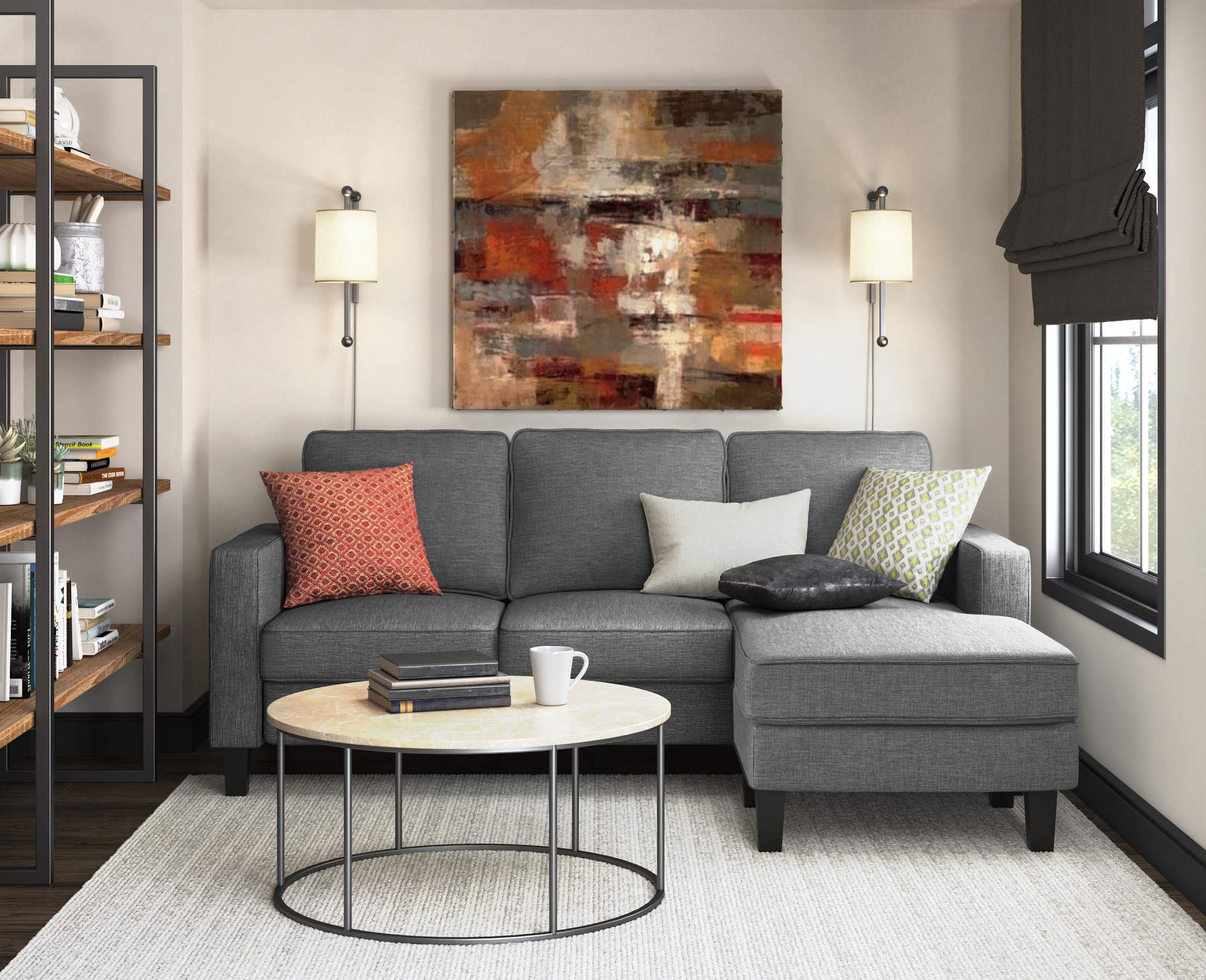 Serta Harmon Reversible Sectional Sofa, Modern L-Shaped Couch for Small Spaces, Soft Fabric Upholstery, Square Arm, Dark Gray