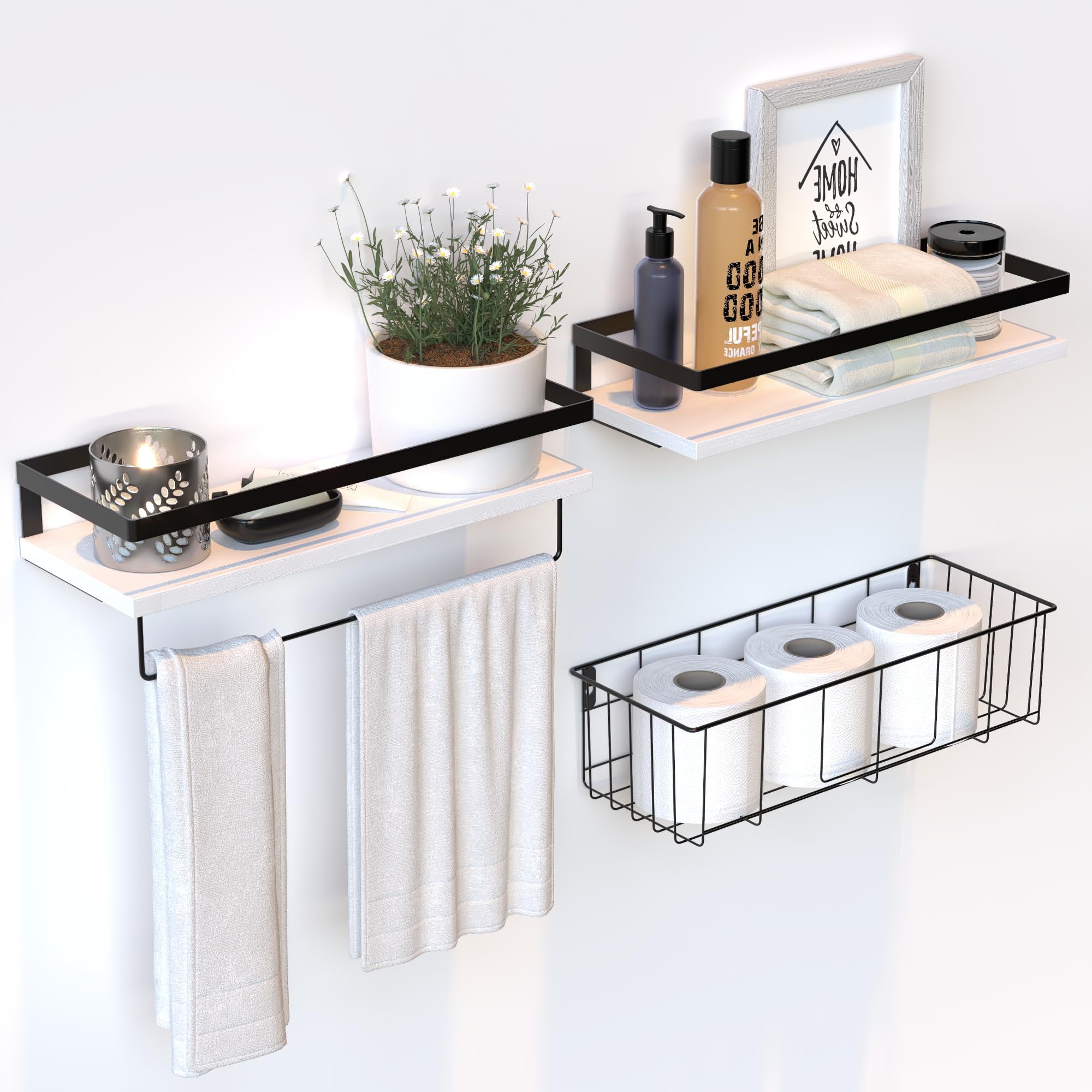 RICHER HOUSE Floating Shelves with Wire Basket, White Bathroom Shelves for Wall Decor, Rustic Wall Shelves with Removable Towel Bar, Wall Mount over Toilet Shelves for Kitchen, Bedroom - White