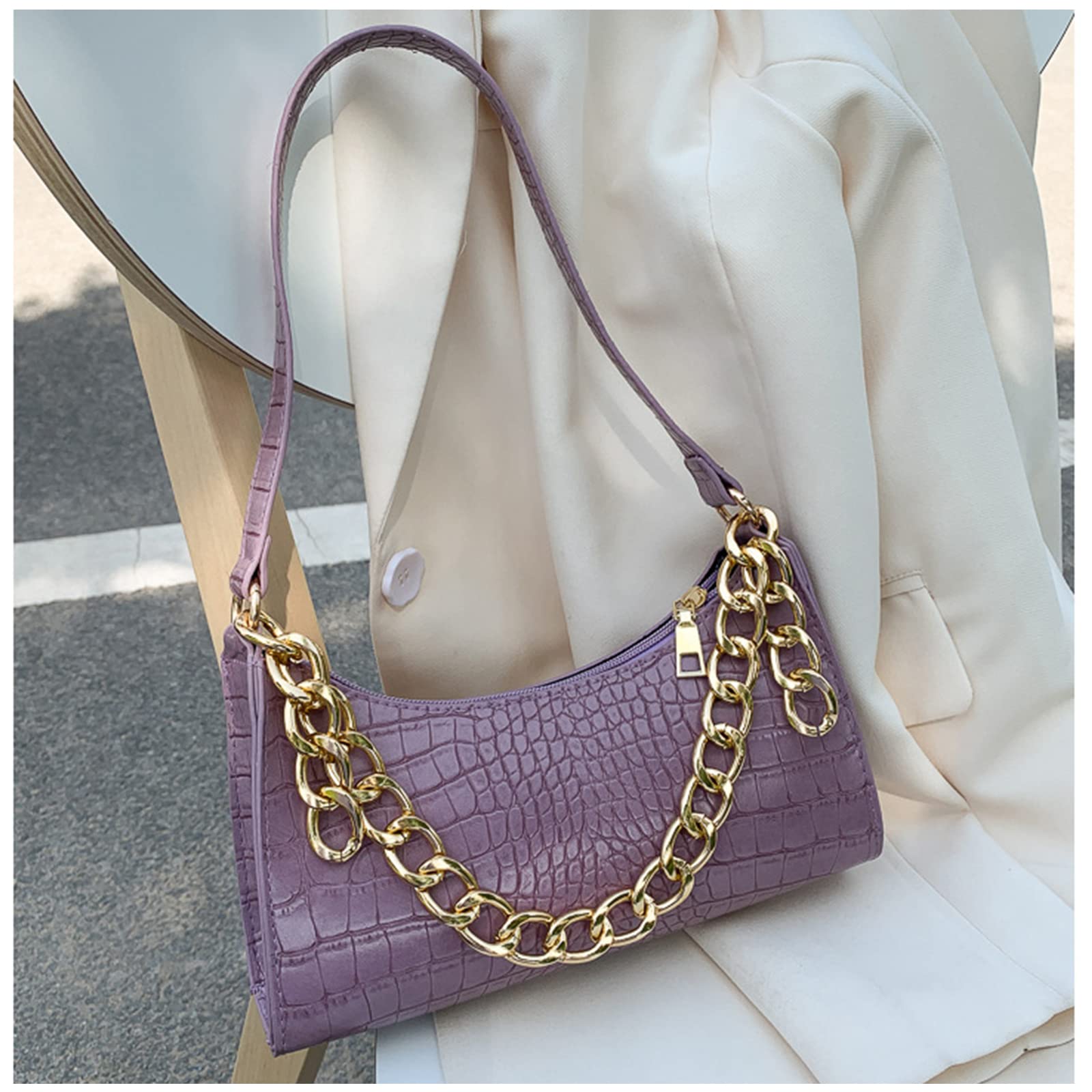 Women Shoulder Purse 90s Retro Handbags With Chain Decor Handle Design Crocodile Pattern Clutch Bag, Purple