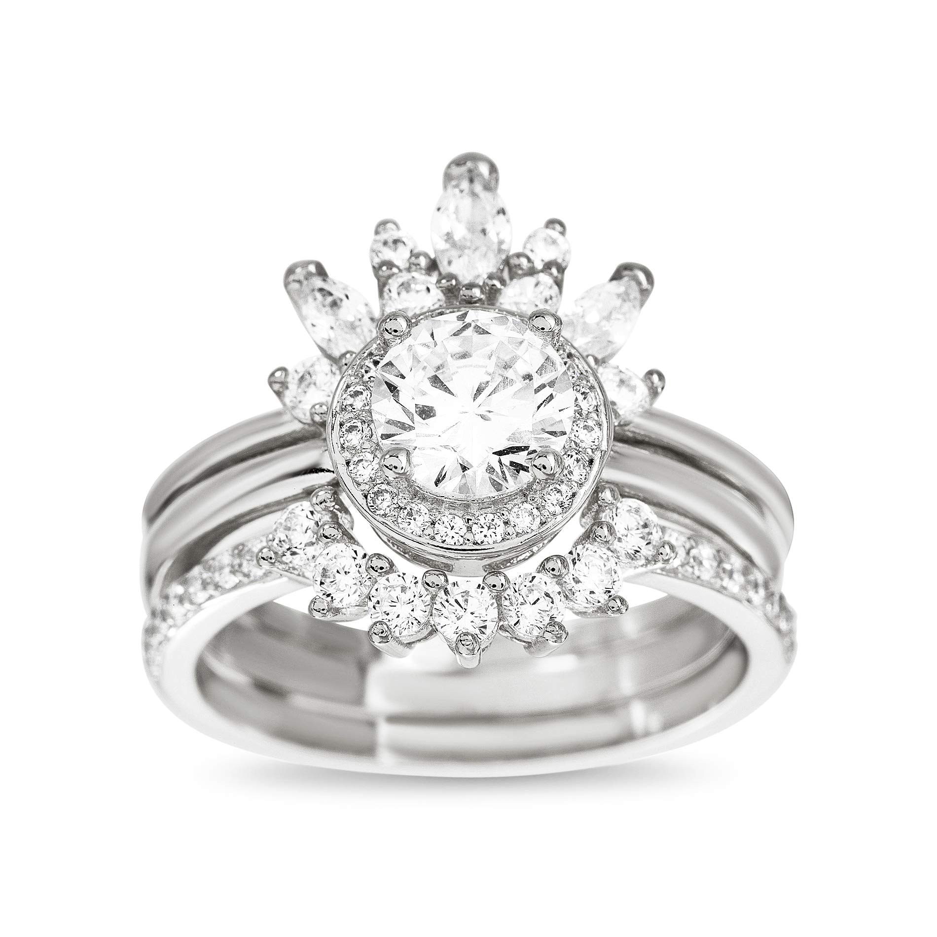TwoBirch Sterling Silver Cubic Zirconia Delicate Tiara Floral Design Border Ring Guard Round Halo Engagement Ring CZ Duo Stackable Ring Set (Size 7)