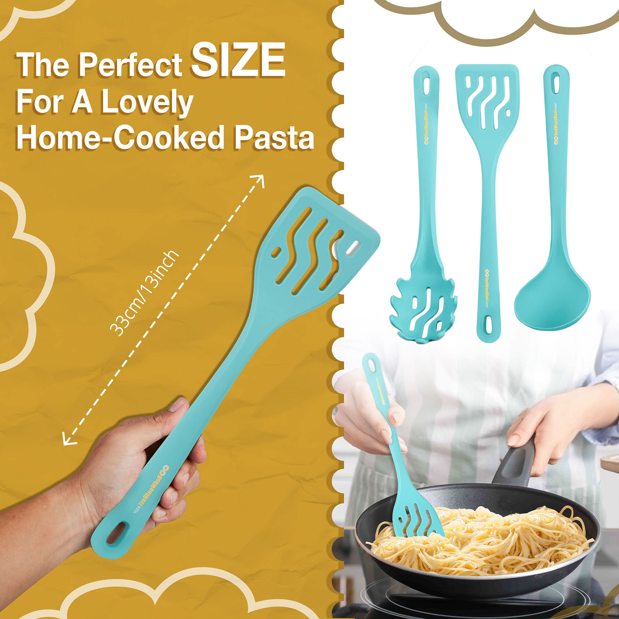 RedWoodBest Silicone Cooking Utensils Set - Make Warm Home-cooked Pasta with Our Silicone Utensils - BPA-Free Silicone Pasta Fork Laddle Turner 3pc Set - Safe for Teflon (Teal Color)