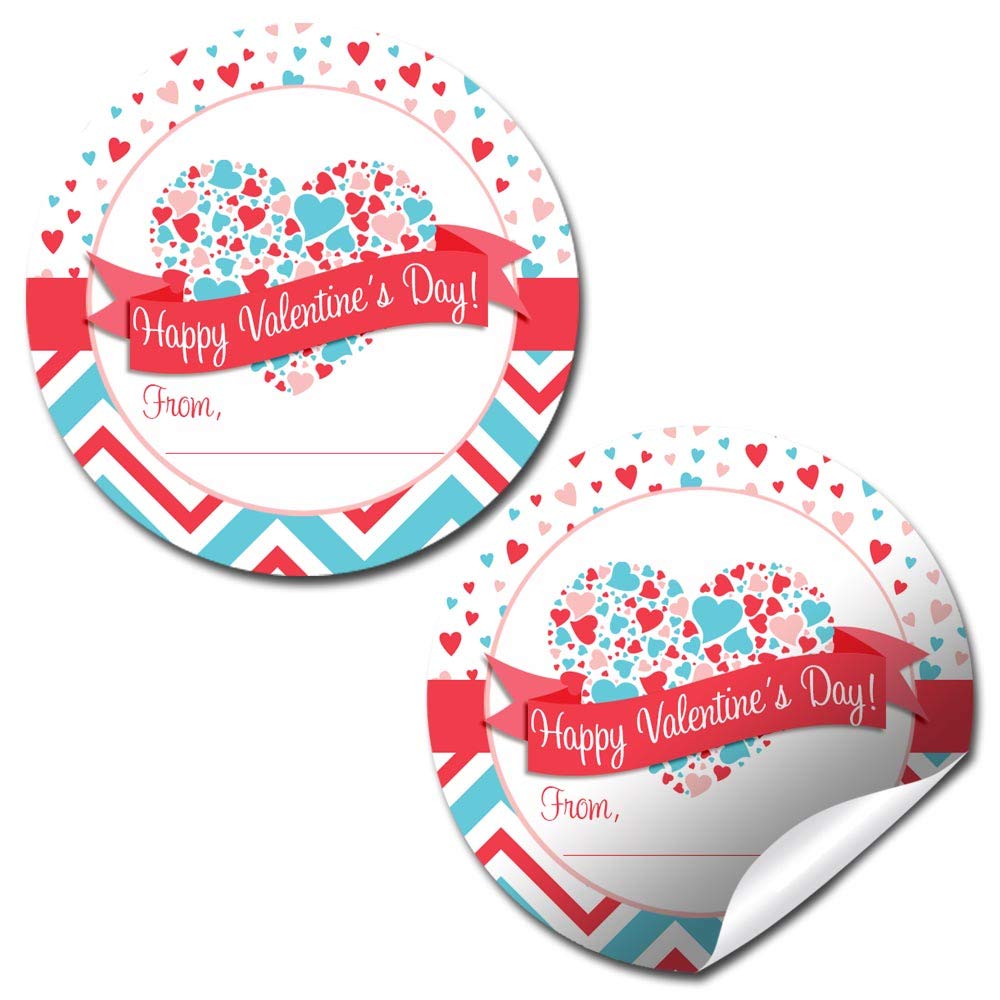 Red and Blue Heart-Themed Valentine Party Favor Sticker Labels, 40 2" Party Circle Stickers by AmandaCreation, Great for Classroom Valentines, Envelope Seals, Gifts & Treats