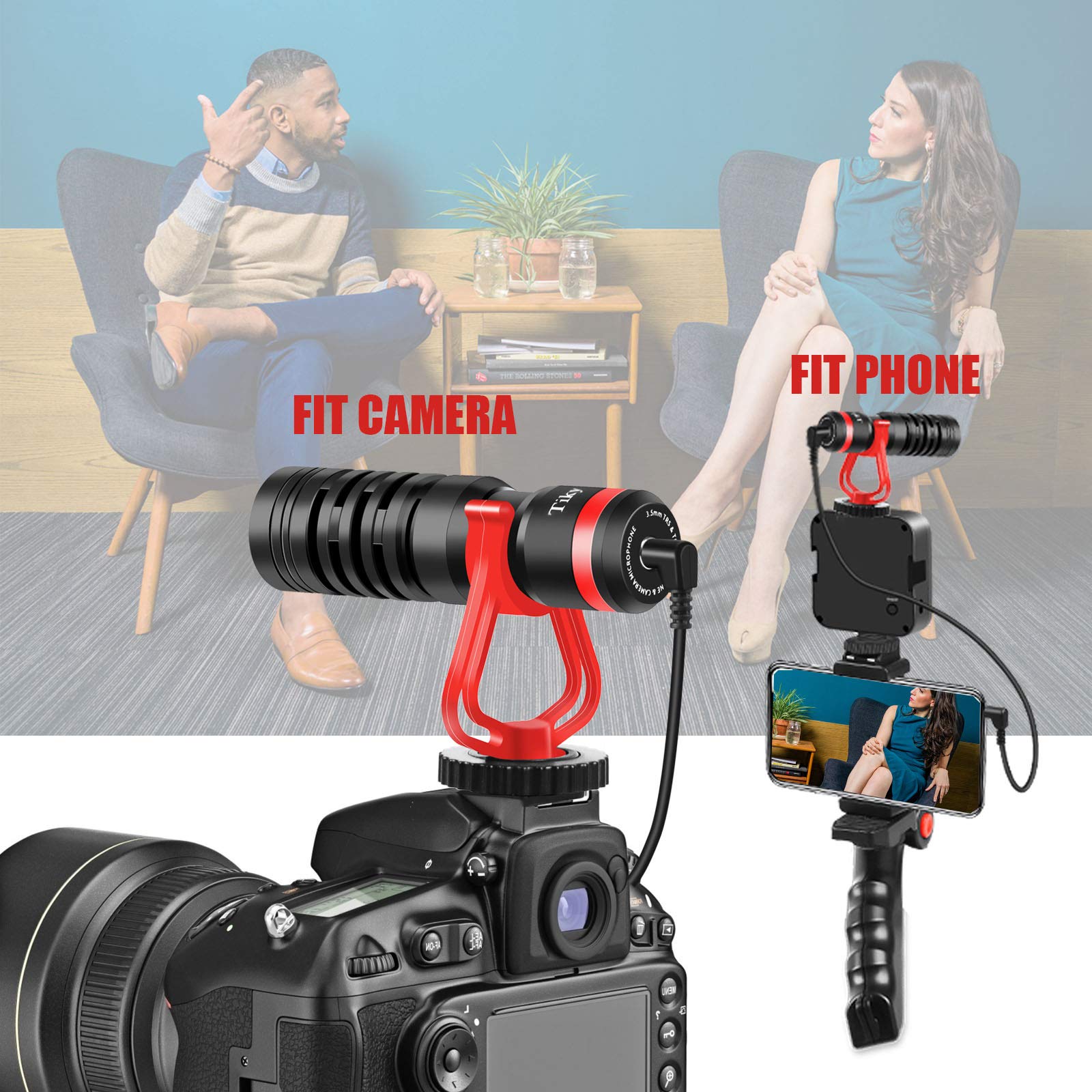 tikysky Video Microphone, Camera Microphone Phone Mic for Smartphone iPhone DSLR Compatible with Nikon Sony Fuji